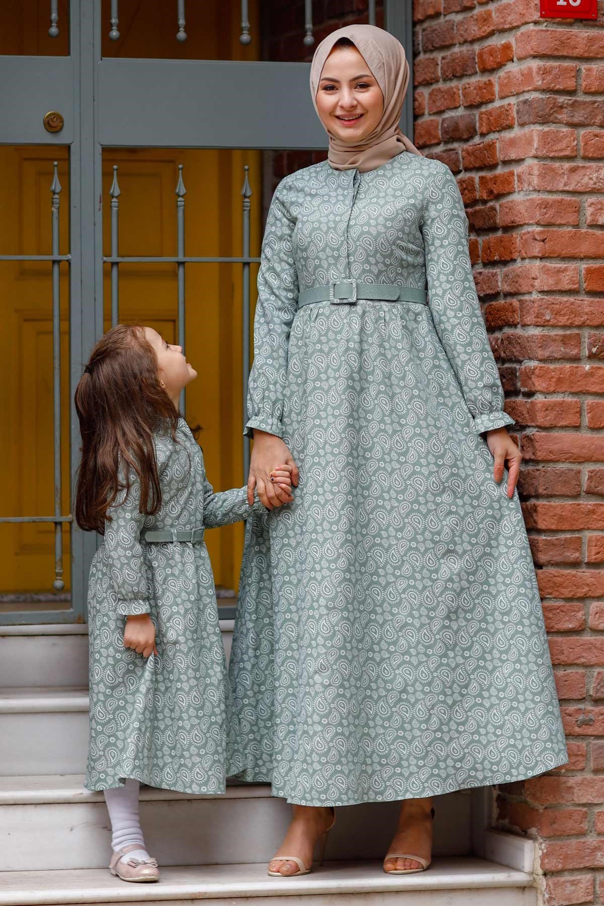 Şal Desenli Çocuk Elbise Mint 10624 - Modamihram