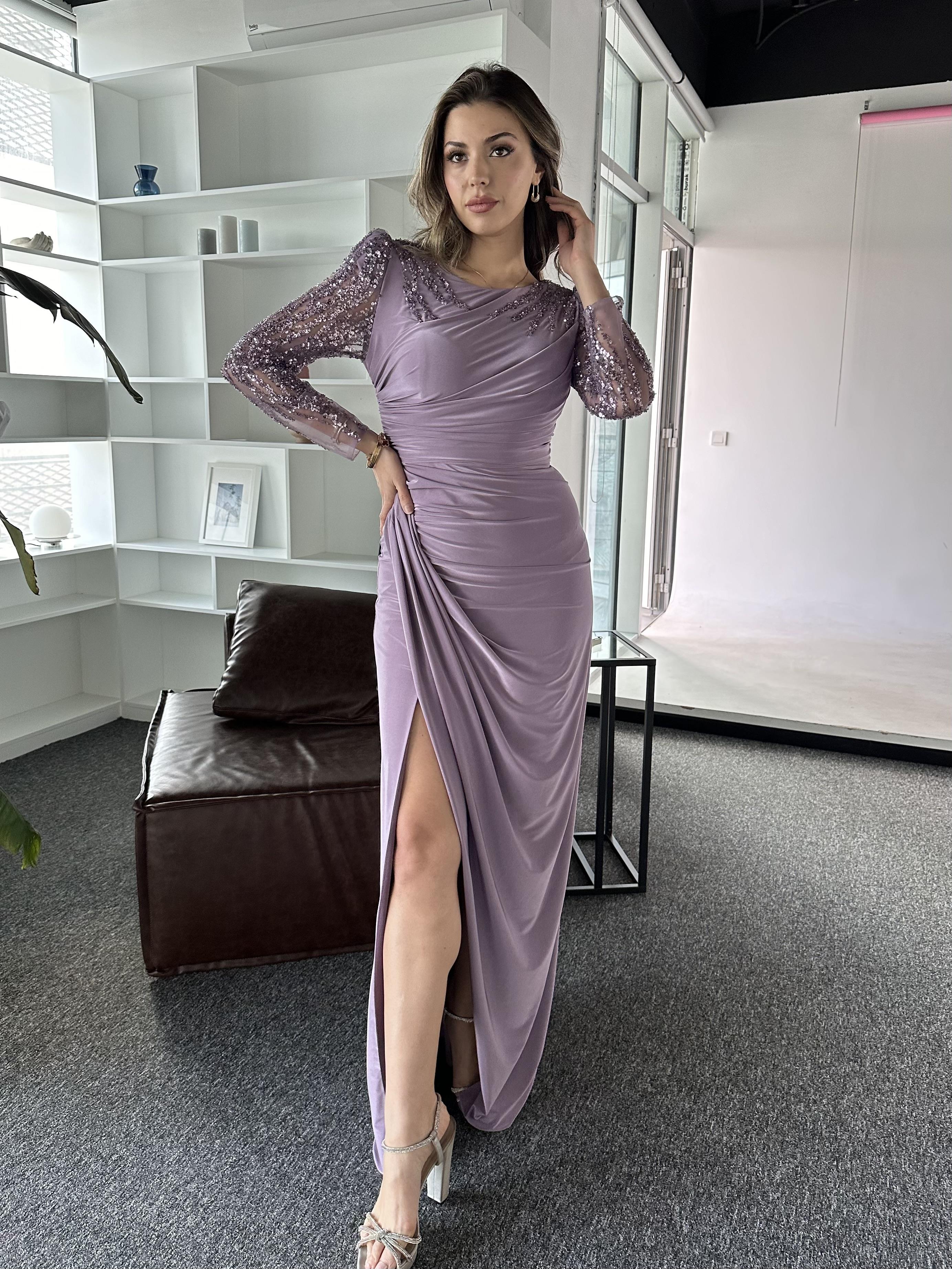 Taş Baskı Tül Kollu Ve Sırt Deylı Kristal Kumaş Tasarım Abiye Elbise - Lila