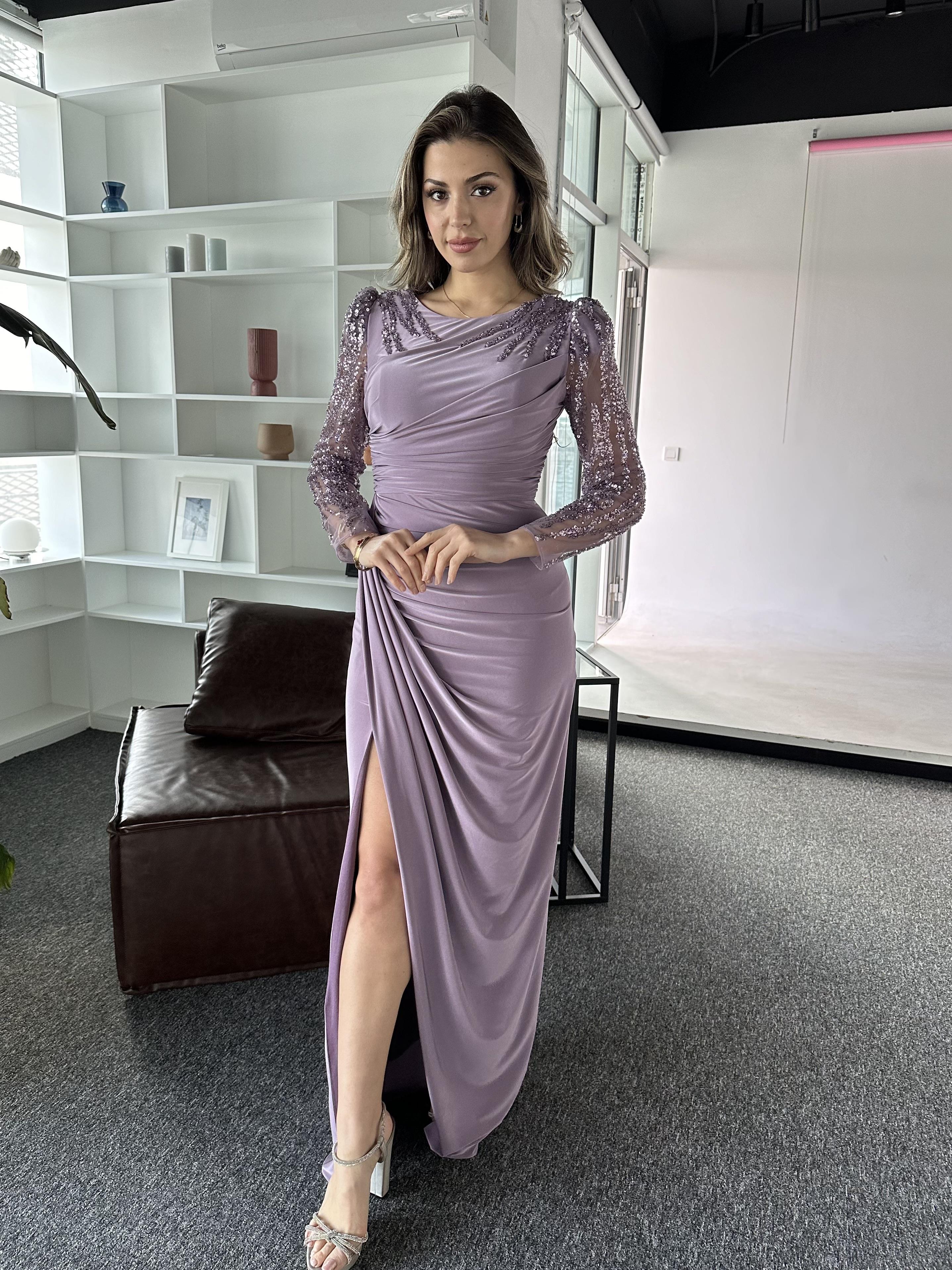 Taş Baskı Tül Kollu Ve Sırt Deylı Kristal Kumaş Tasarım Abiye Elbise - Lila