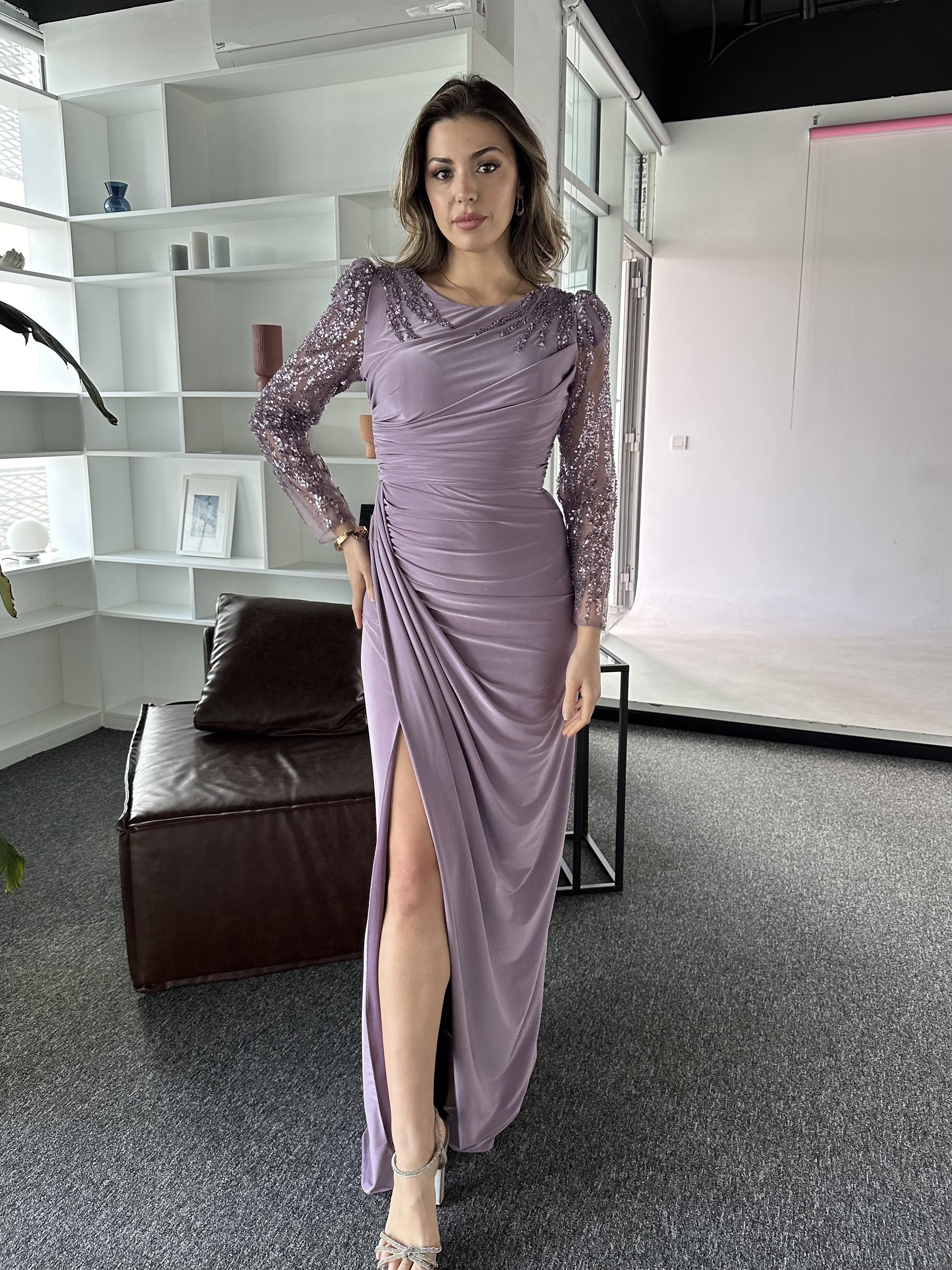 Taş Baskı Tül Kollu Ve Sırt Deylı Kristal Kumaş Tasarım Abiye Elbise - Lila