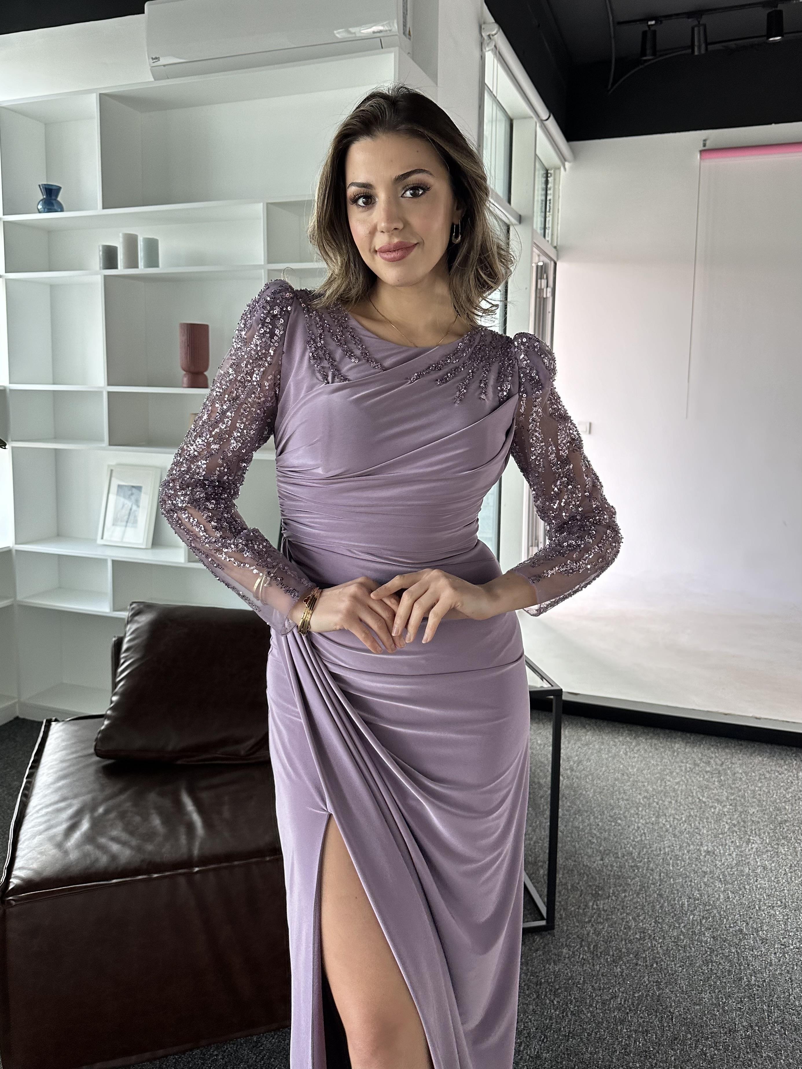 Taş Baskı Tül Kollu Ve Sırt Deylı Kristal Kumaş Tasarım Abiye Elbise - Lila