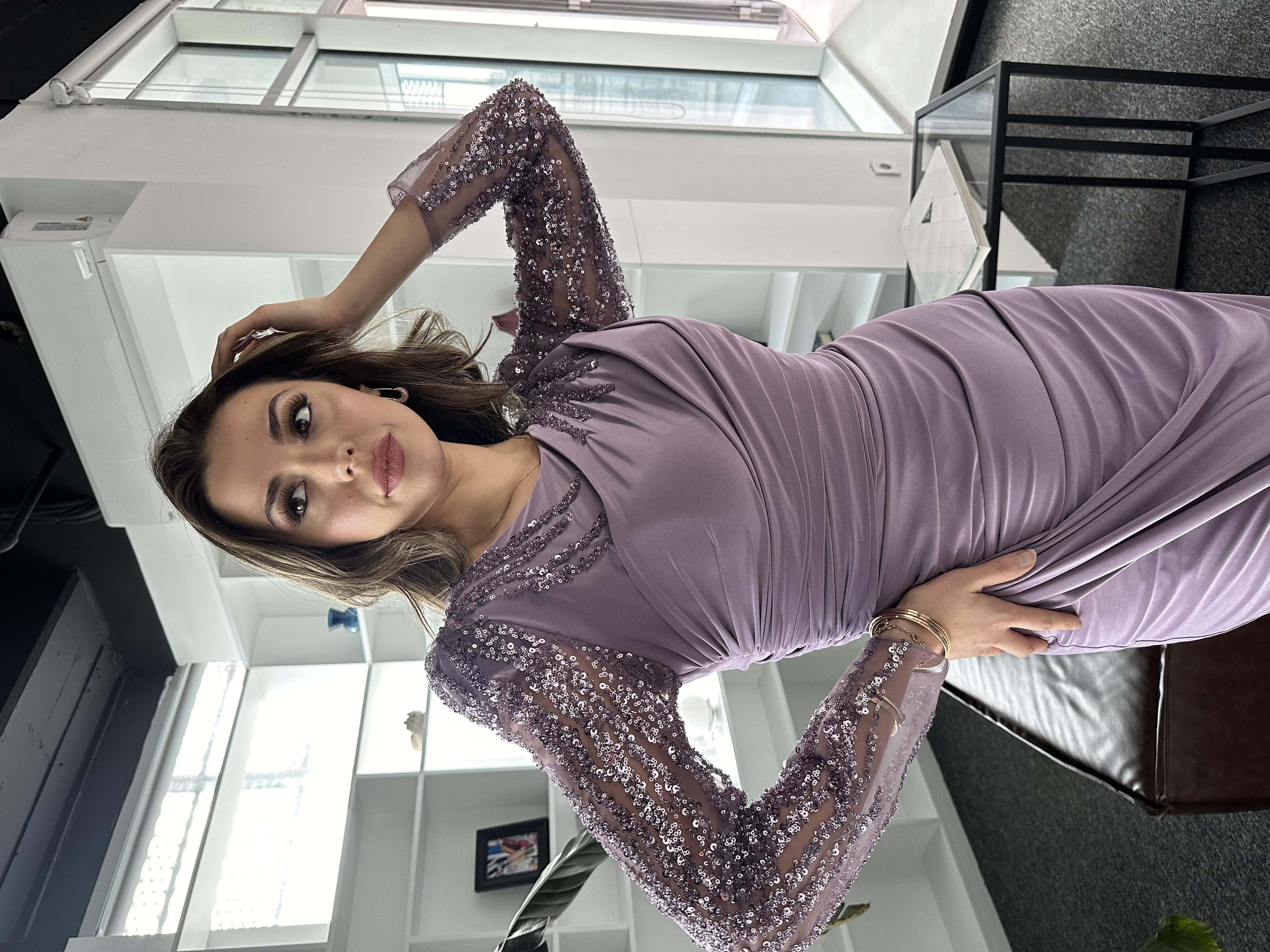 Taş Baskı Tül Kollu Ve Sırt Deylı Kristal Kumaş Tasarım Abiye Elbise - Lila