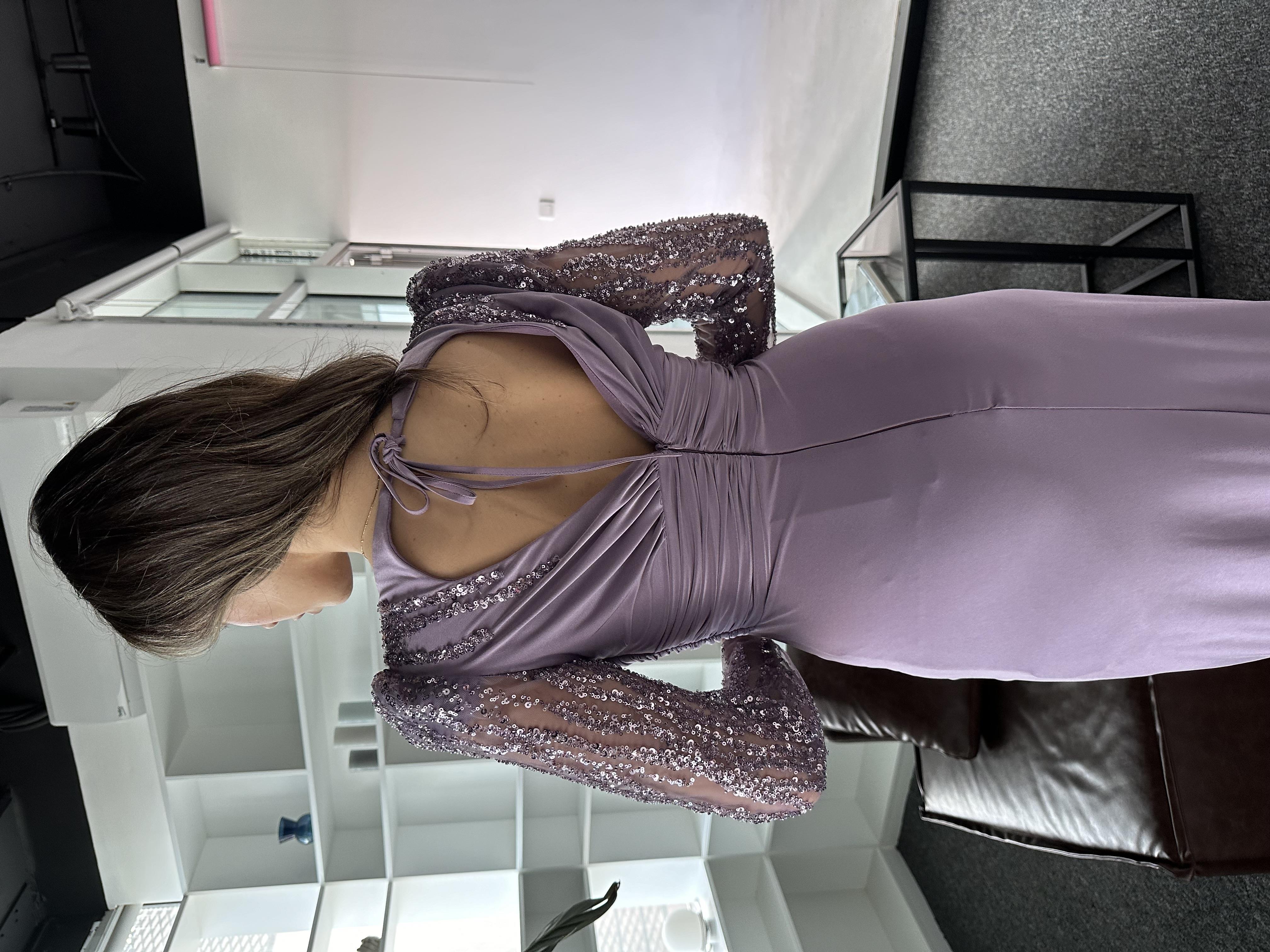 Taş Baskı Tül Kollu Ve Sırt Deylı Kristal Kumaş Tasarım Abiye Elbise - Lila