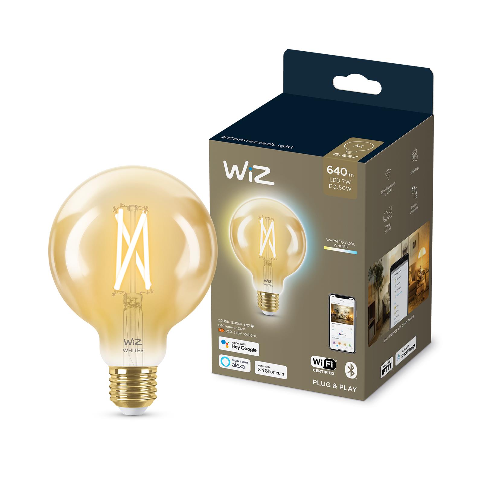 WİZ Wi-Fi 50W Sarı/Beyaz Amber Cam Akıllı Filament Glob Ampul G95 E27