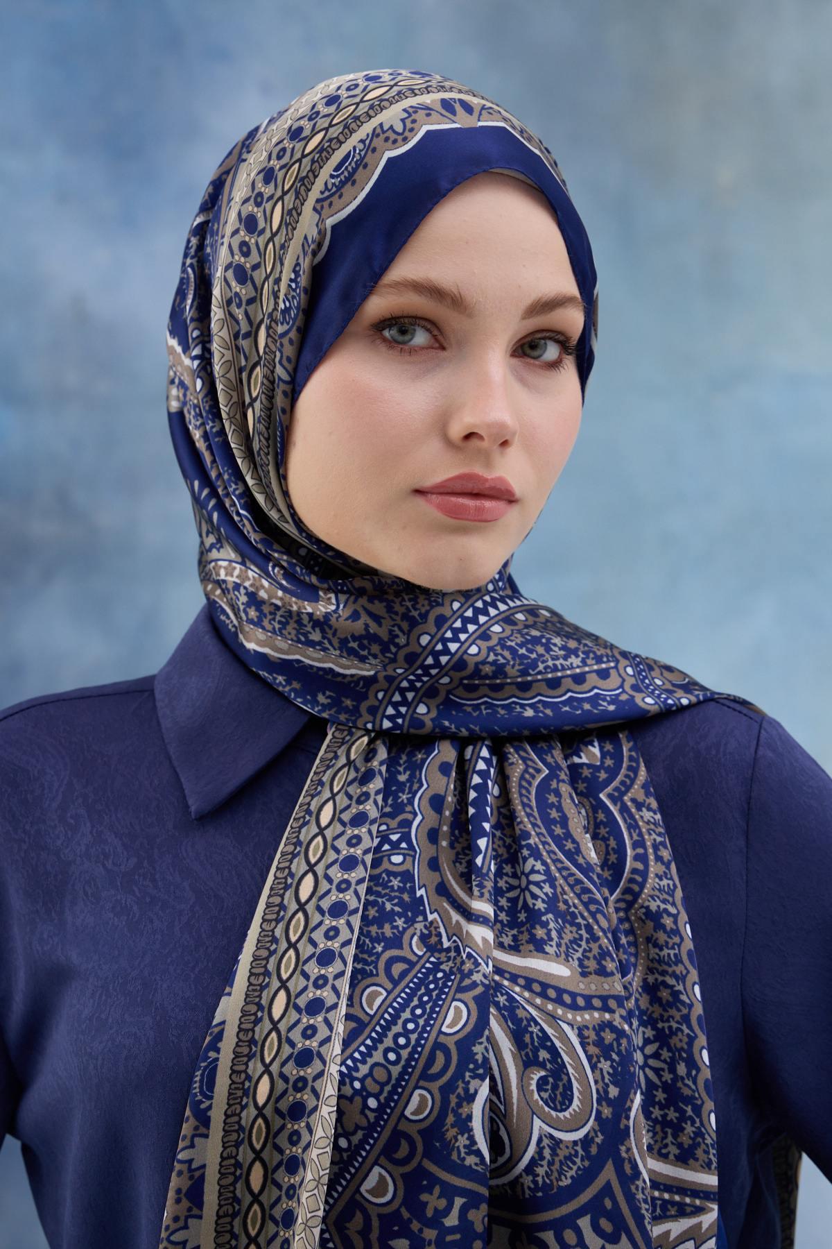 Hint Vual Şal - Lacivert 5005-12 Sepete Ekle | İpekhan Hint Vual Şal