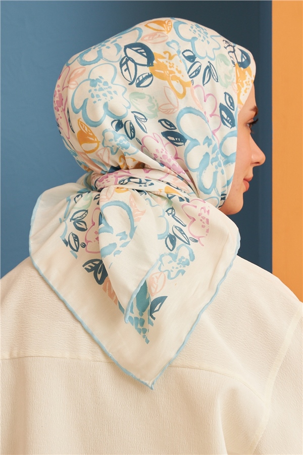 Pastel Desenli Pamuk Viskon Mavi Eşarp Modeli | İpekhan Eşarp ve Şal ...