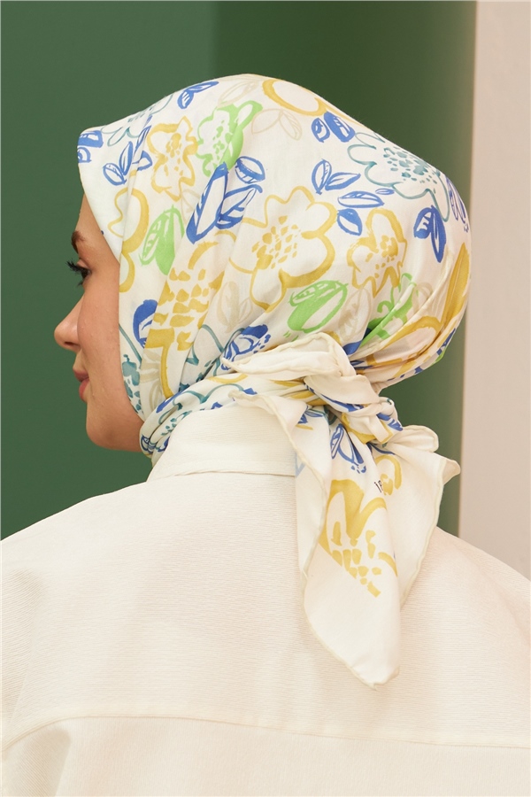 Pastel Desenli Pamuk Viskon Mavi Sarı Eşarp Modeli | İpekhan Eşarp ve ...