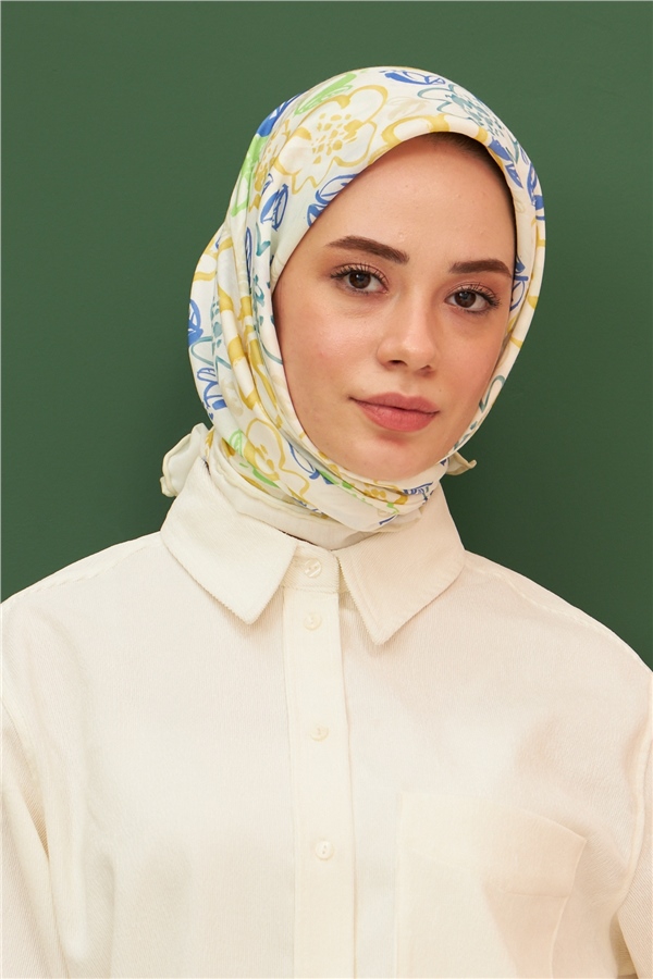 Pastel Desenli Pamuk Viskon Mavi Sarı Eşarp Modeli | İpekhan Eşarp ve ...