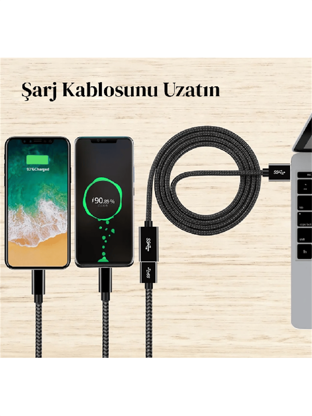 LivX Rope USB3.0 3A 5Gbps Hızlı Şarj ve Veri Aktarımı USB 3.0 Erkek ...