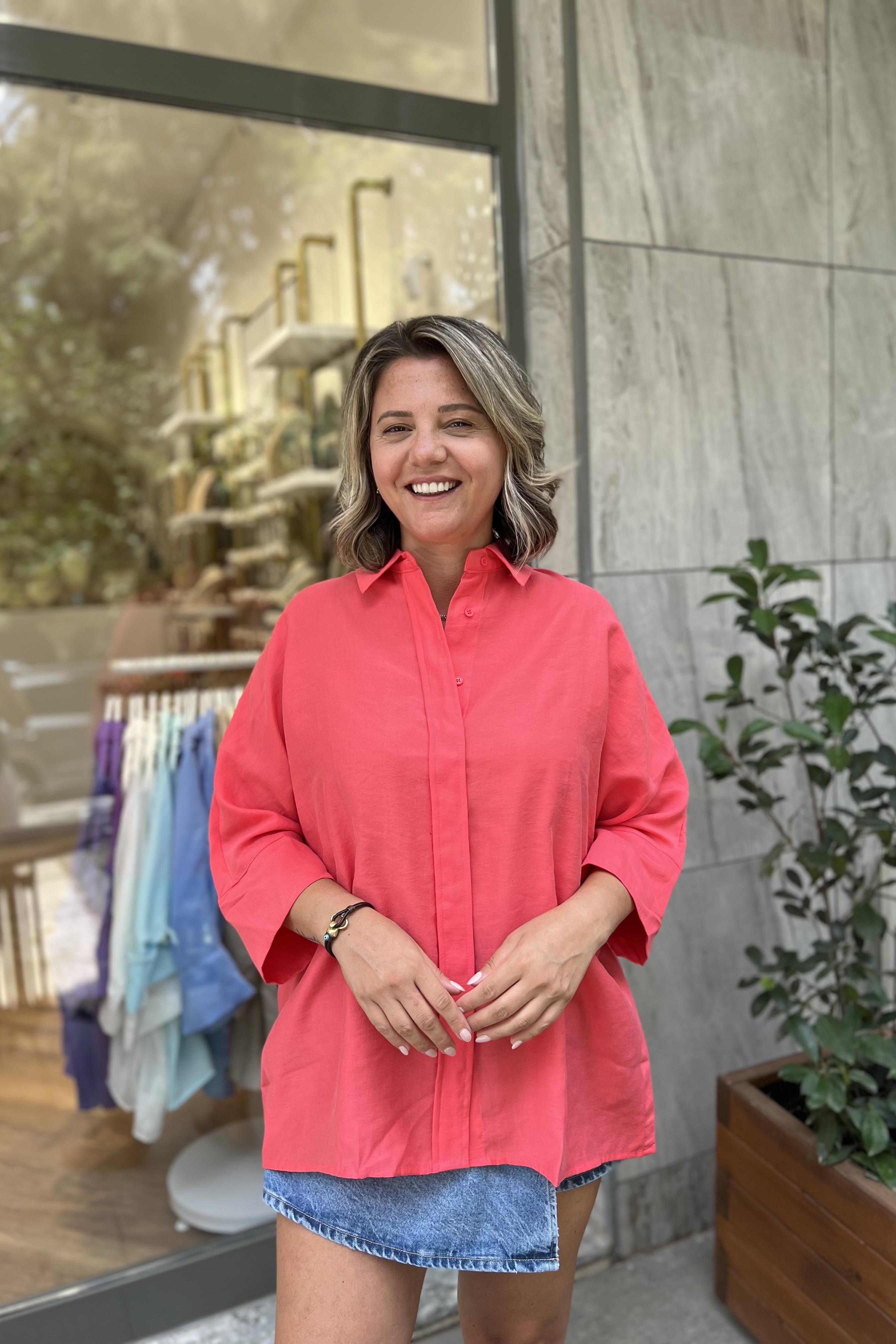 OVERSİZE MERCAN RENGİ GÖMLEK