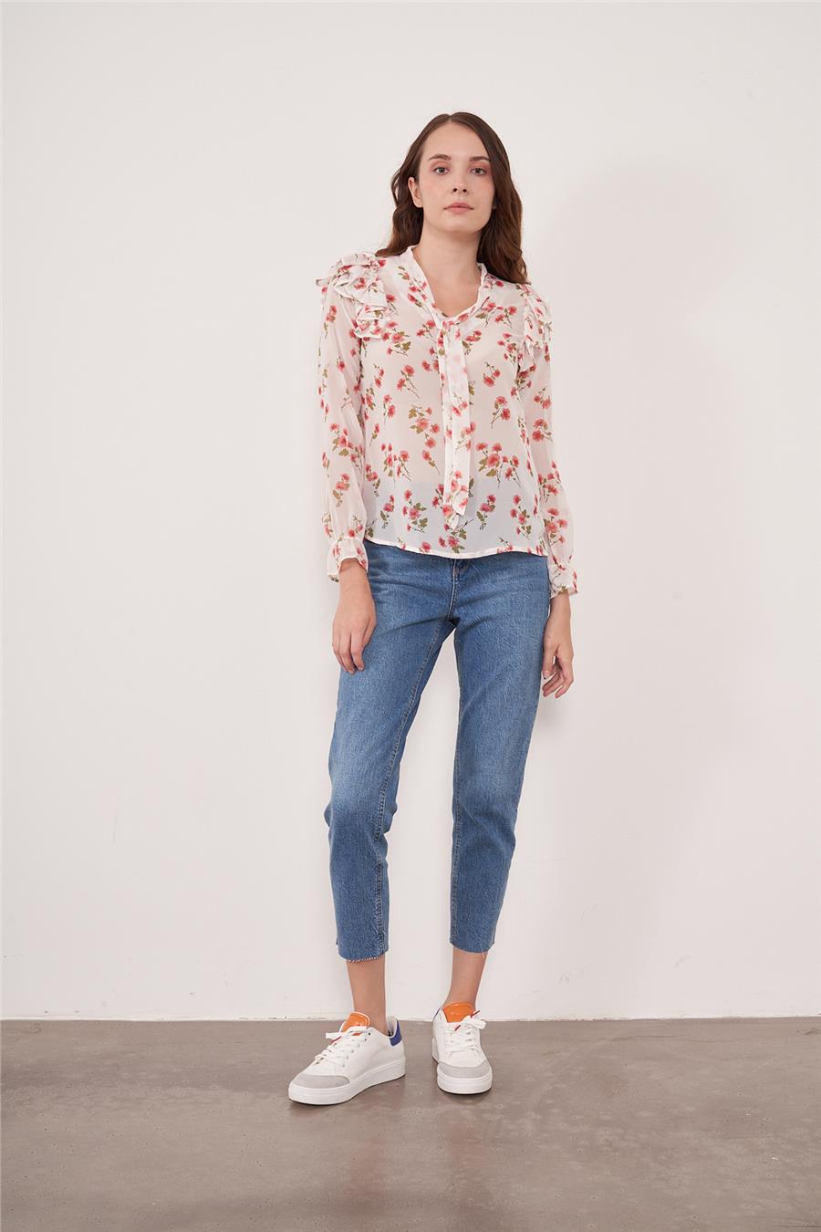 Reyon 20241 Beyaz Cıcek Desenli Gömlek