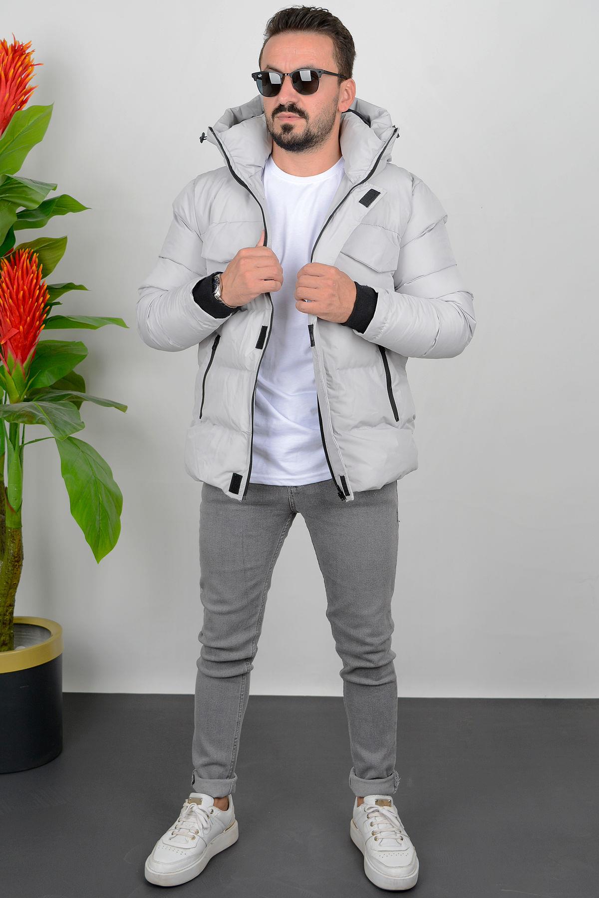 Erkek Slim Fit Kapüşonlu Şişme Mont Gri Edw008 Erkek Slim Fit Kapüşonlu Şişme Mont Gri Edw008