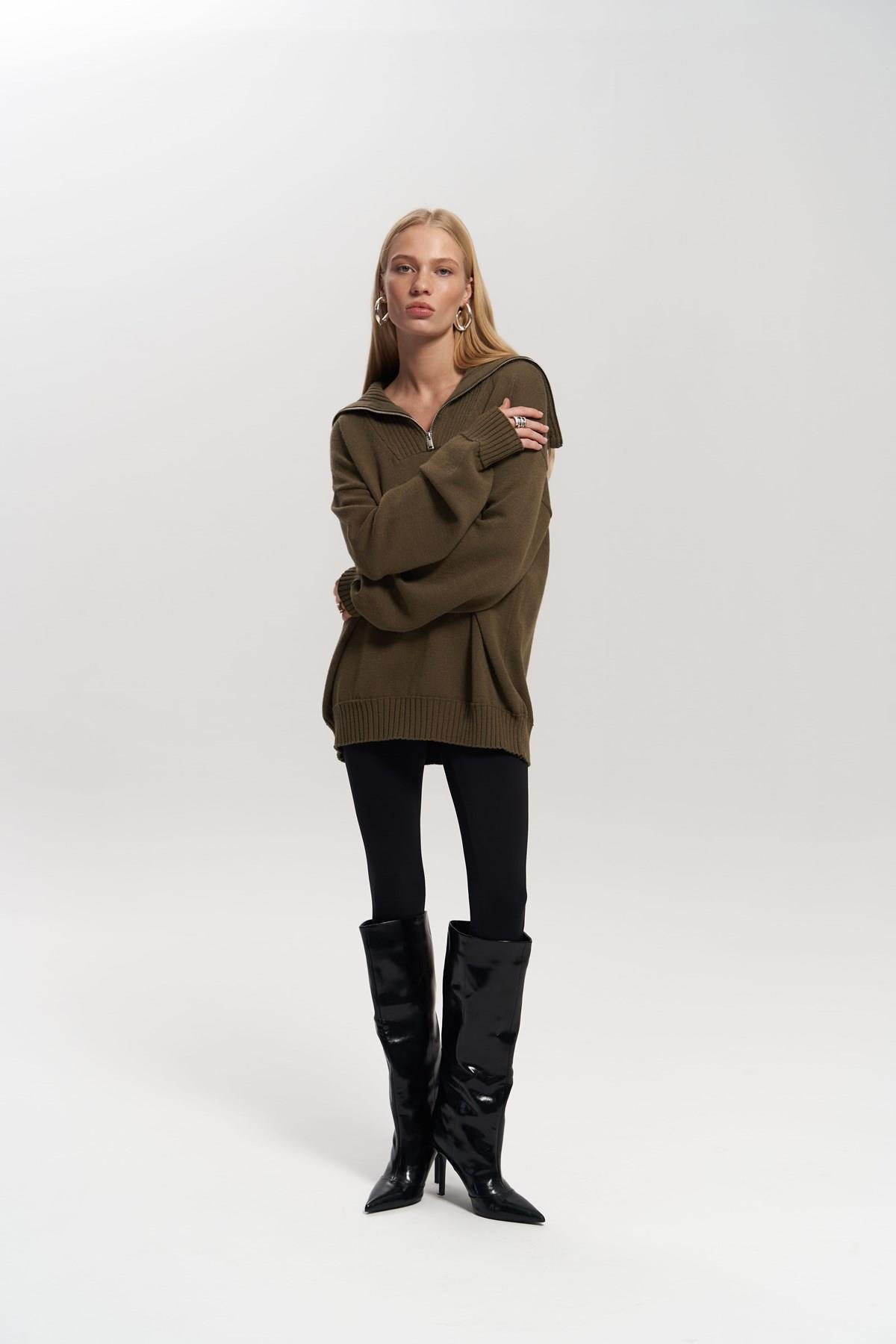Lorna Zip Up Khaki Knit Cardigan
