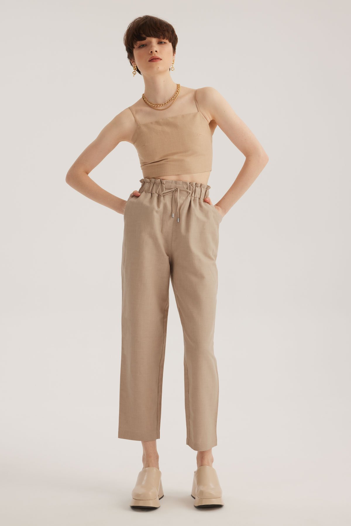 Bej Keten Karışımlı Yüksek Bel Paperbag Pantolon - Stella Pulvis