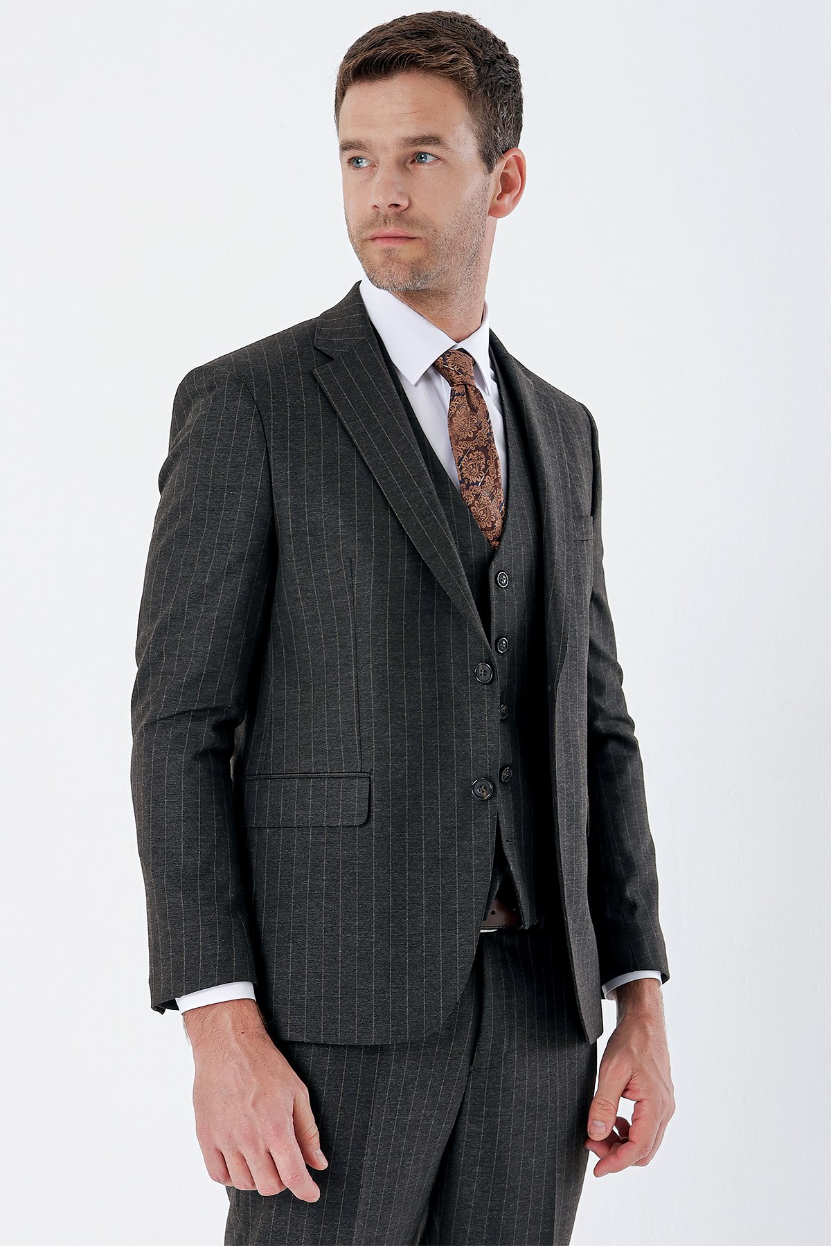 Siyah Çizgili Mono Yaka Yelekli 6 Drop Slim Fit Dar Kesim Klasik Takım ...