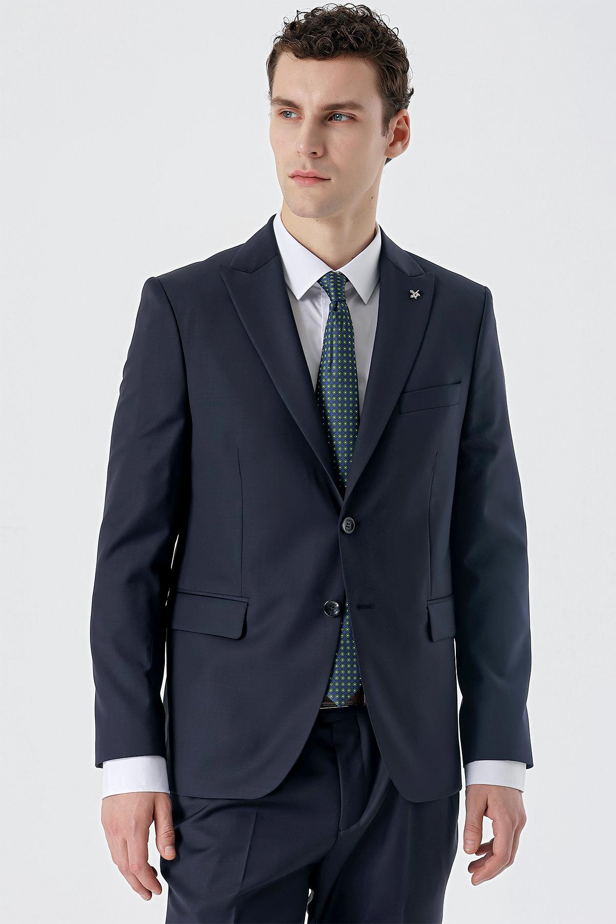 Koyu Lacivert Kırlangıç Yaka Yünlü 6 Drop Slim Fit Dar Kesim Klasik ...