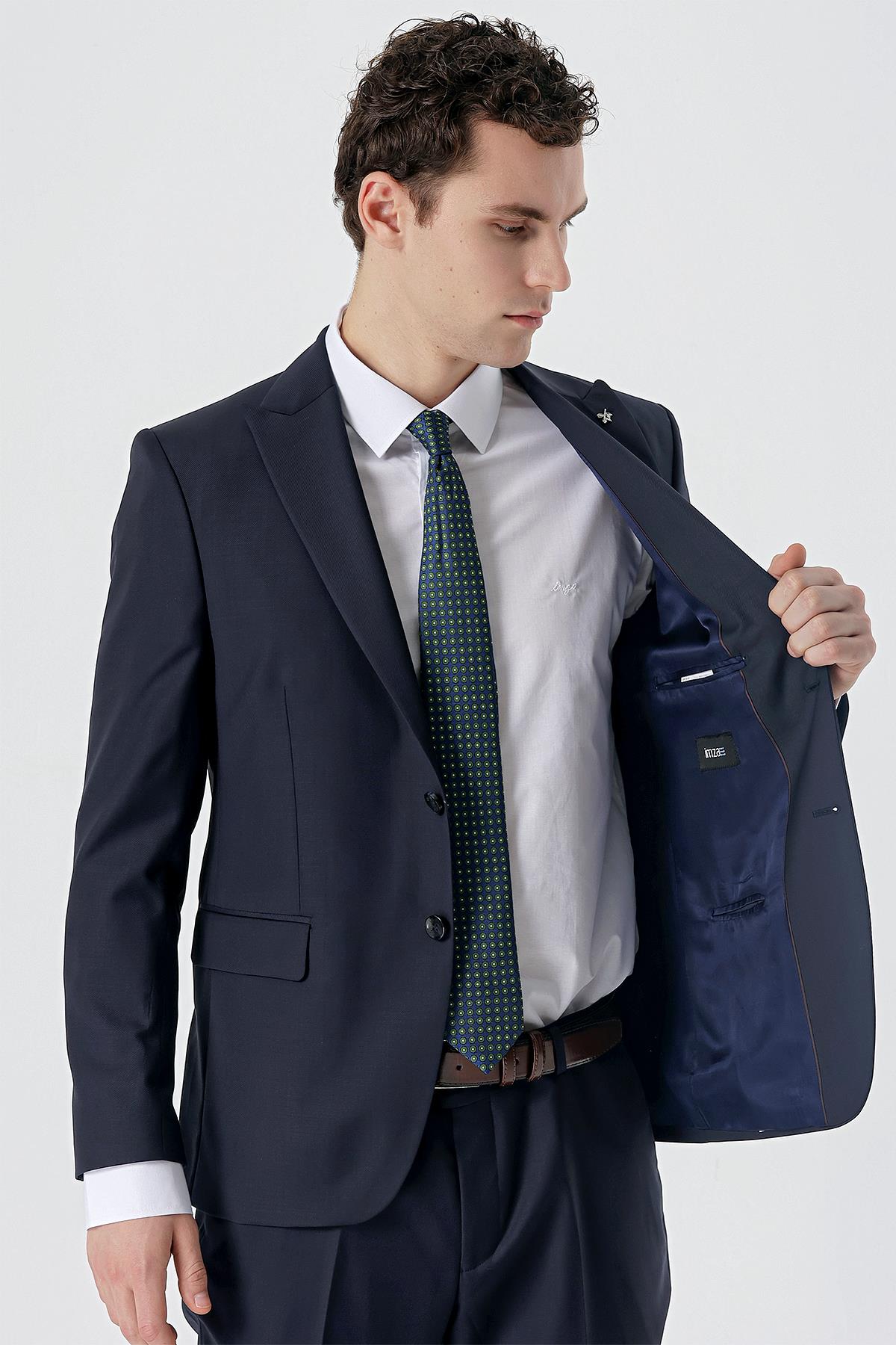 Koyu Lacivert Kırlangıç Yaka Yünlü 6 Drop Slim Fit Dar Kesim Klasik ...