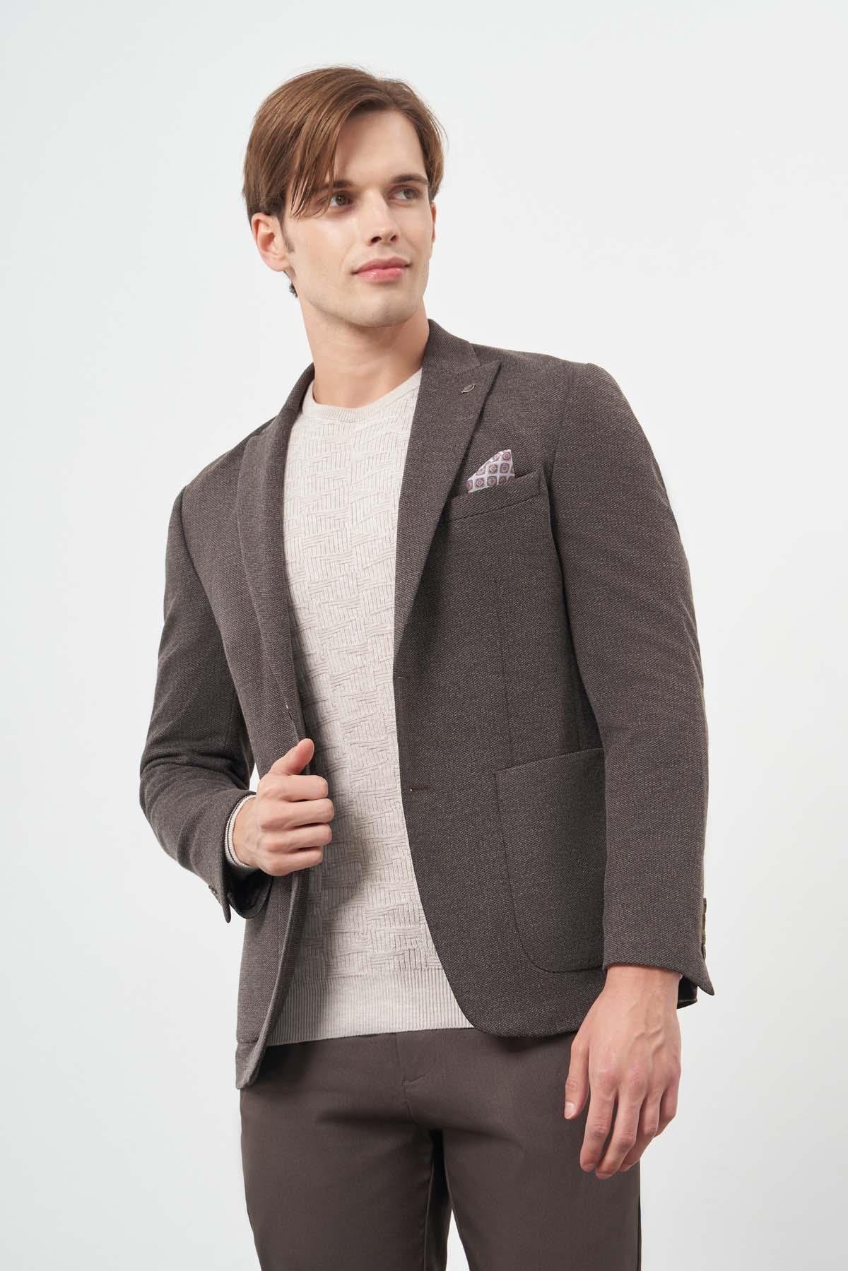 Koyu Kahverengi Örme Kılıç Yaka 6 Drop Slim Fit Ceket 1002245156