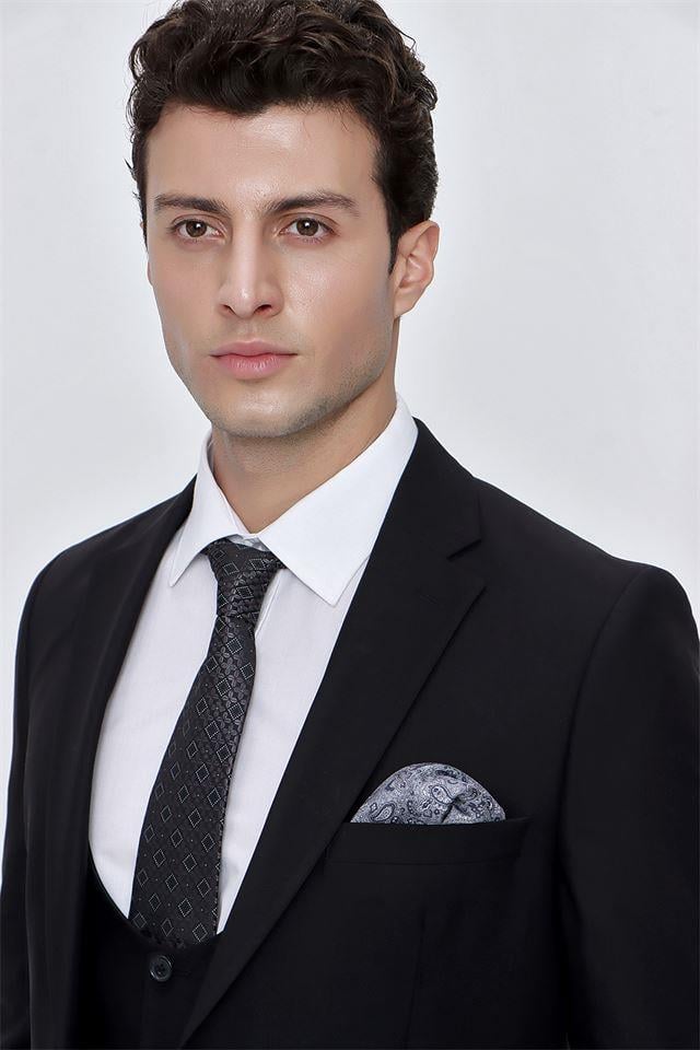 Siyah Mono Yaka Astarlı Yelekli 6 Drop Slim Fit Dar Kesim Takım Elbise ...