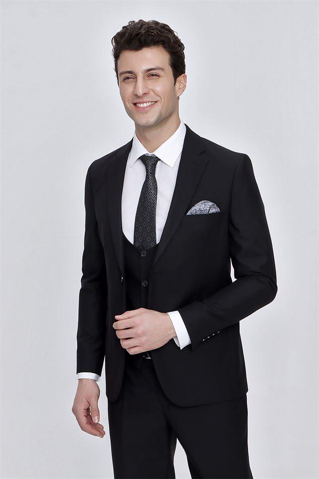 Siyah Mono Yaka Astarlı Yelekli 6 Drop Slim Fit Dar Kesim Takım Elbise ...
