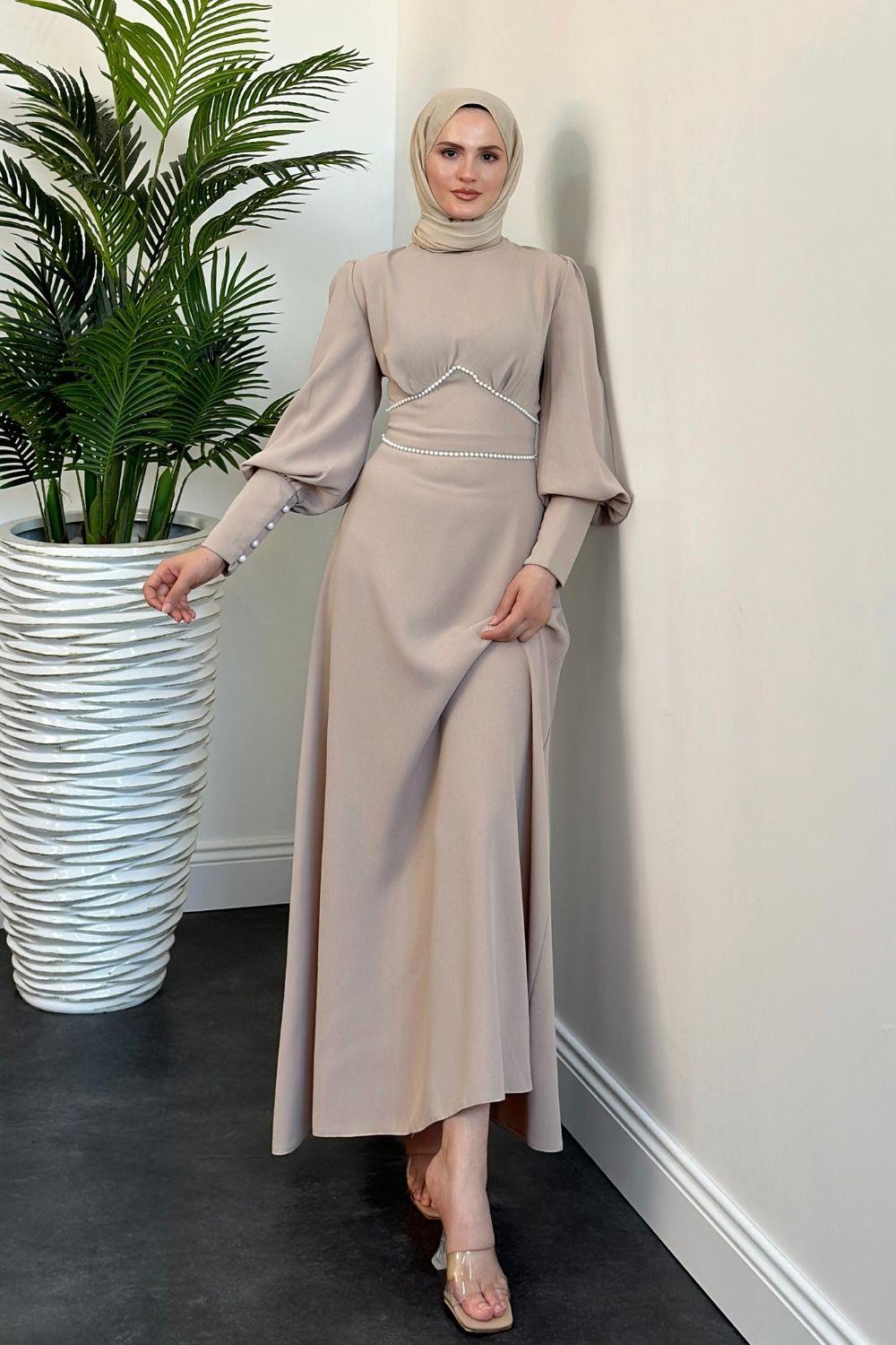 Meva Kalem Elbise Bej Modeli - Şule Giyim