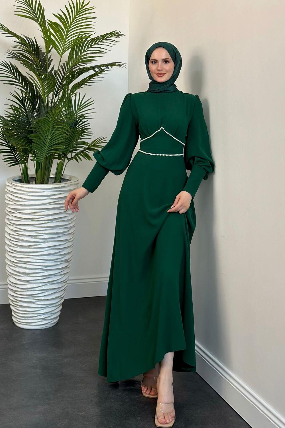 Meva Kalem Elbise Zümrüt Modeli - Şule Giyim