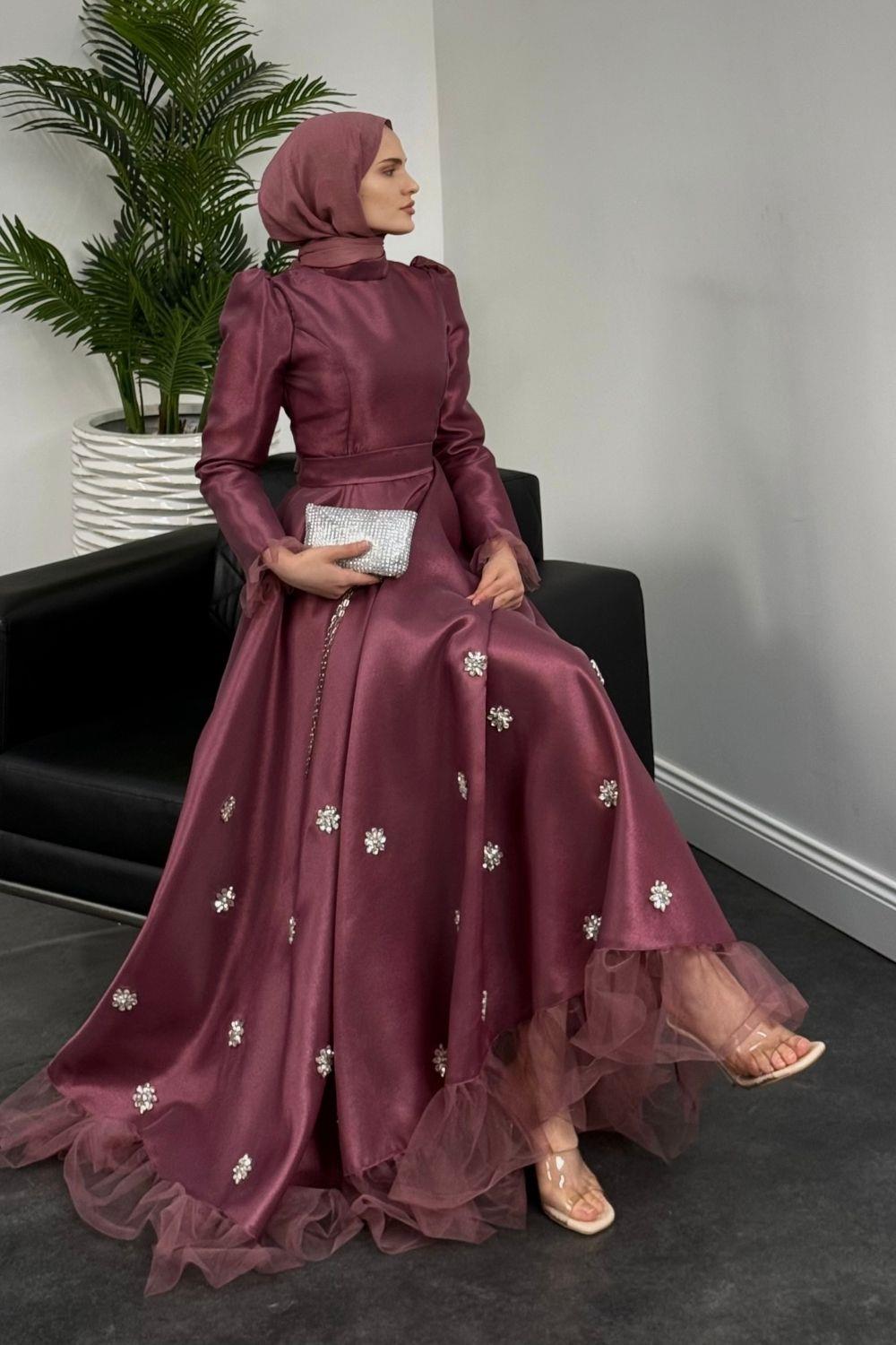 Joenne Taşlı Altı Tüylü Tafta Abiye Gül Kurusu - Merven Moda