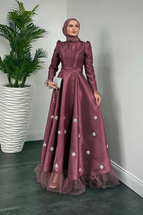 Joenne Taşlı Altı Tüylü Tafta Abiye Gül Kurusu - Merven Moda