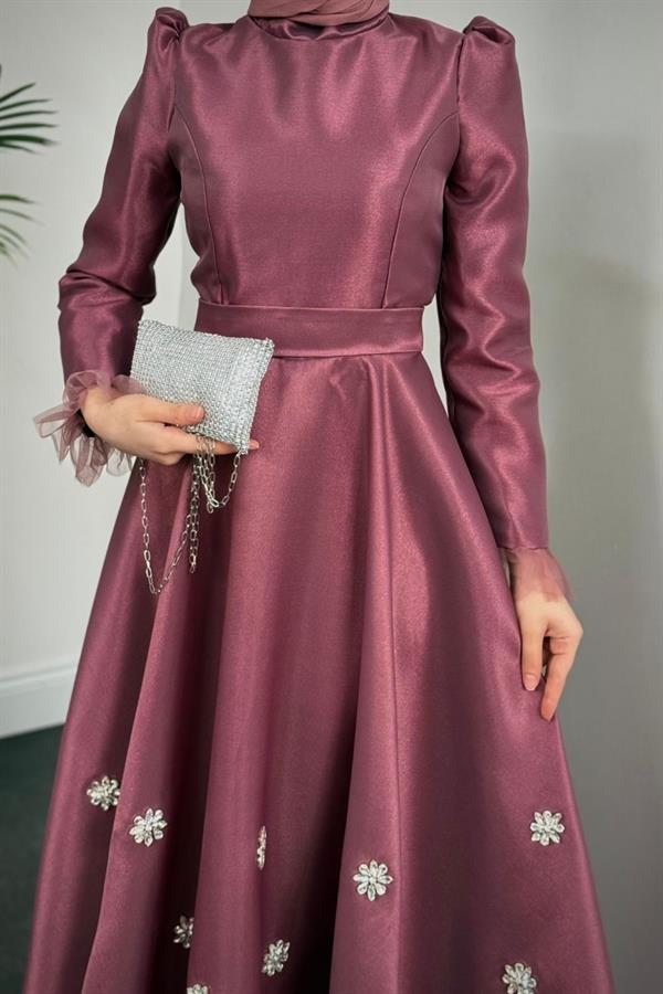 Joenne Taşlı Altı Tüylü Tafta Abiye Gül Kurusu - Merven Moda