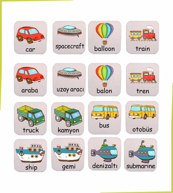 16 Parça Türkçe Ingilizce Araçlar Eşini Bulma Oyunu www.ankebutoyuncak.com