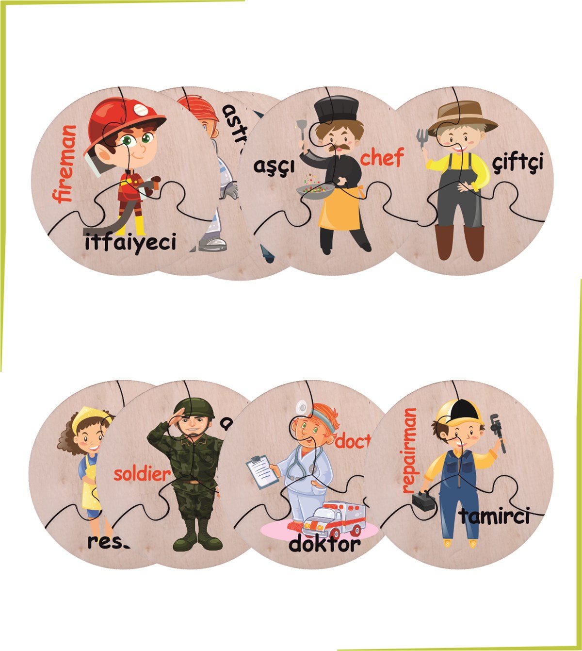 Türkçe Ingilizce Meslekler Ahşap Renkli Puzzle 9 Araç 27 Parça www ...