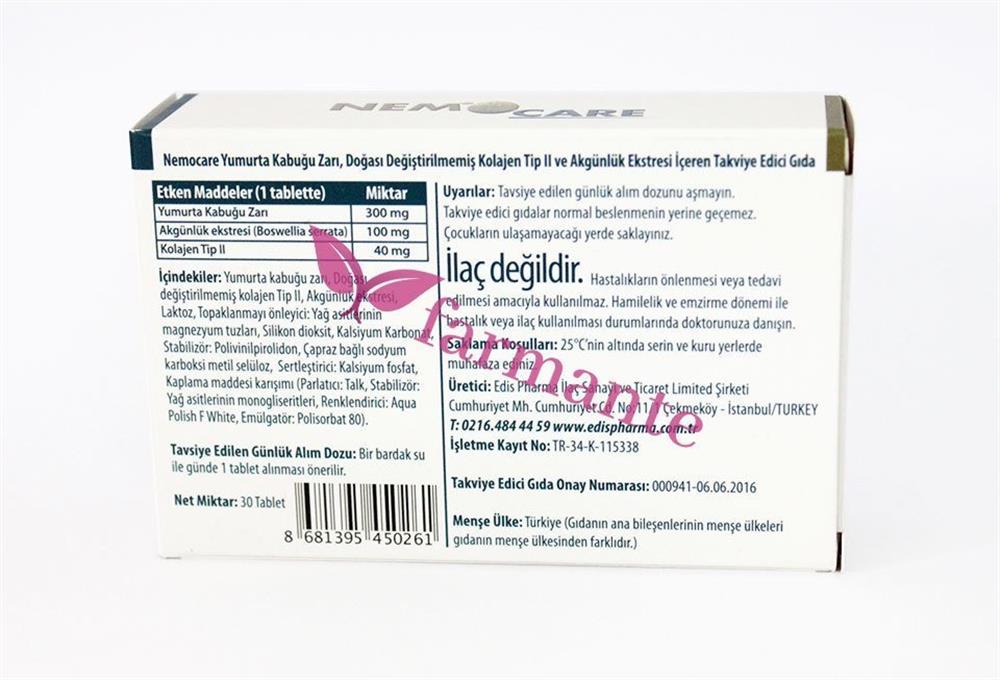Nemocare 30 Tablet Yumurta Kabuğu Zarı Nemocare 30 Tablet Yumurta Kabuğu Zarı