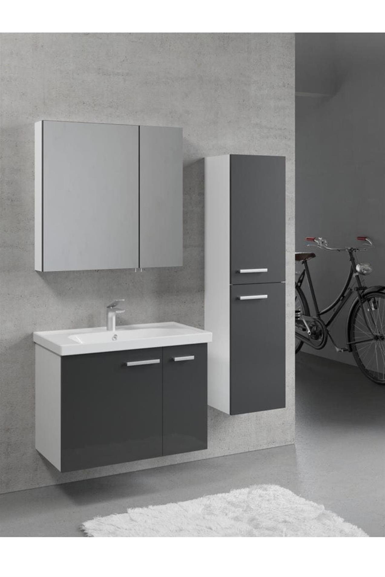 Denko Terra 80 cm MDF Antrasit Gri Banyo Dolabı Aynalı Üst Modülü