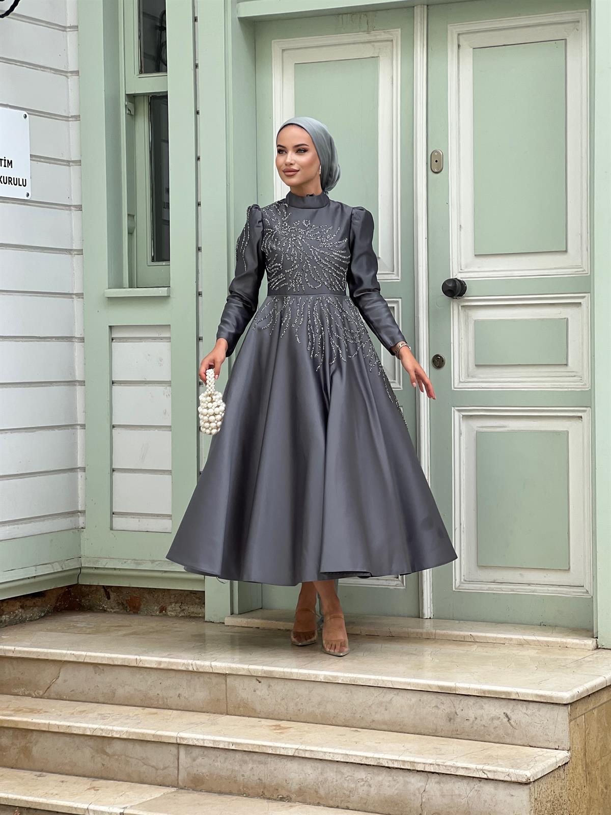 Meva – Gri Abiye Elbise