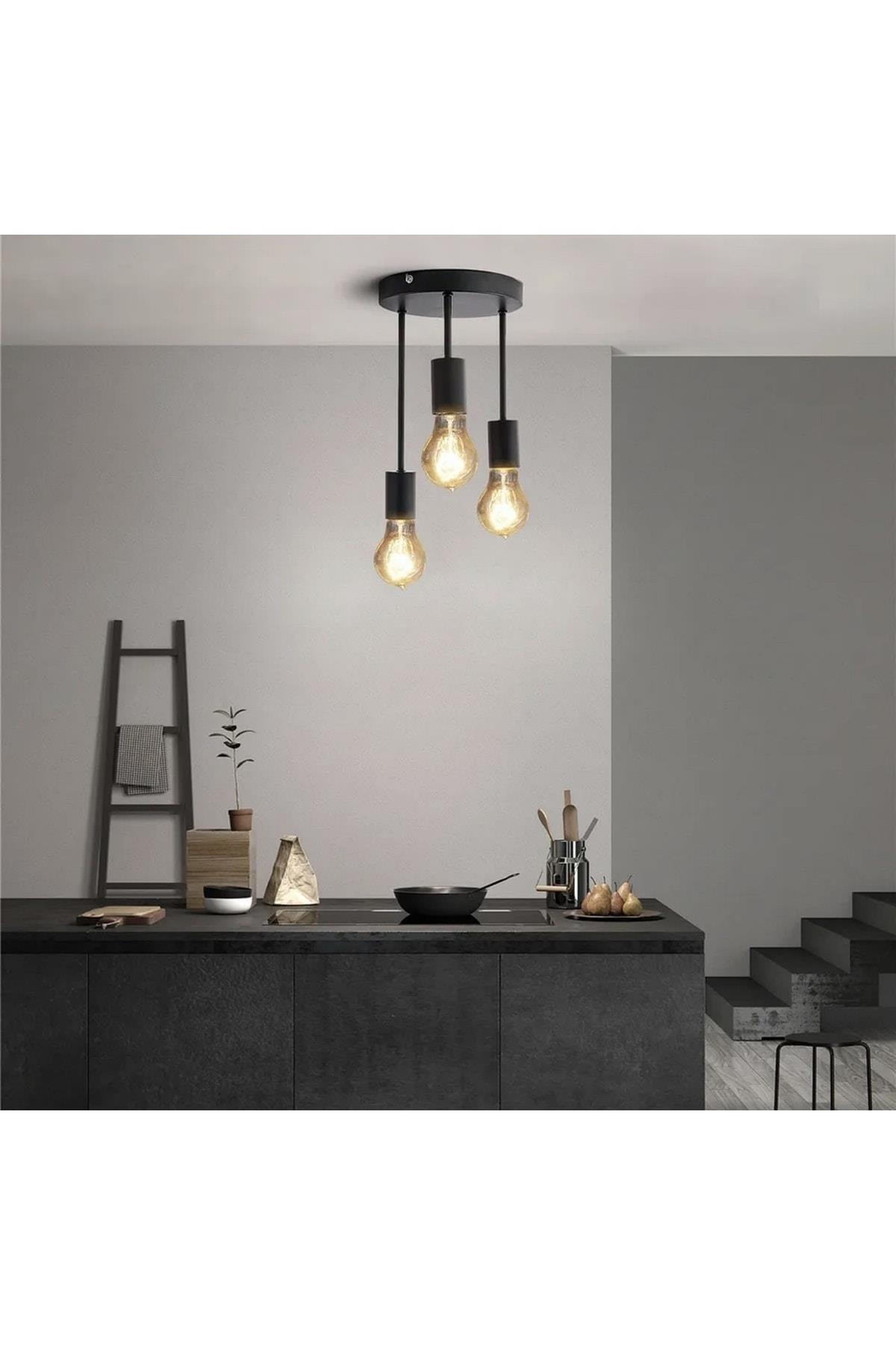 Modern Avize Plafonyer Tavan Metal Çubuklu Üçlü Avize Siyah