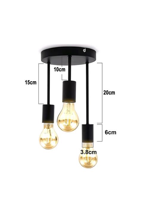 Modern Avize Plafonyer Tavan Metal Çubuklu Üçlü Avize Siyah