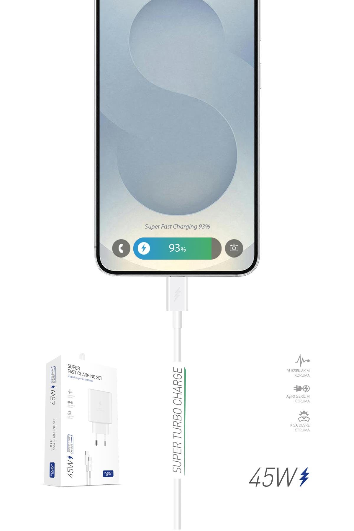 Powerway PD 45W Type-C QC 3.0 Süper Hızlı Şarj Aleti Seti S45S Adaptör ve Kablo