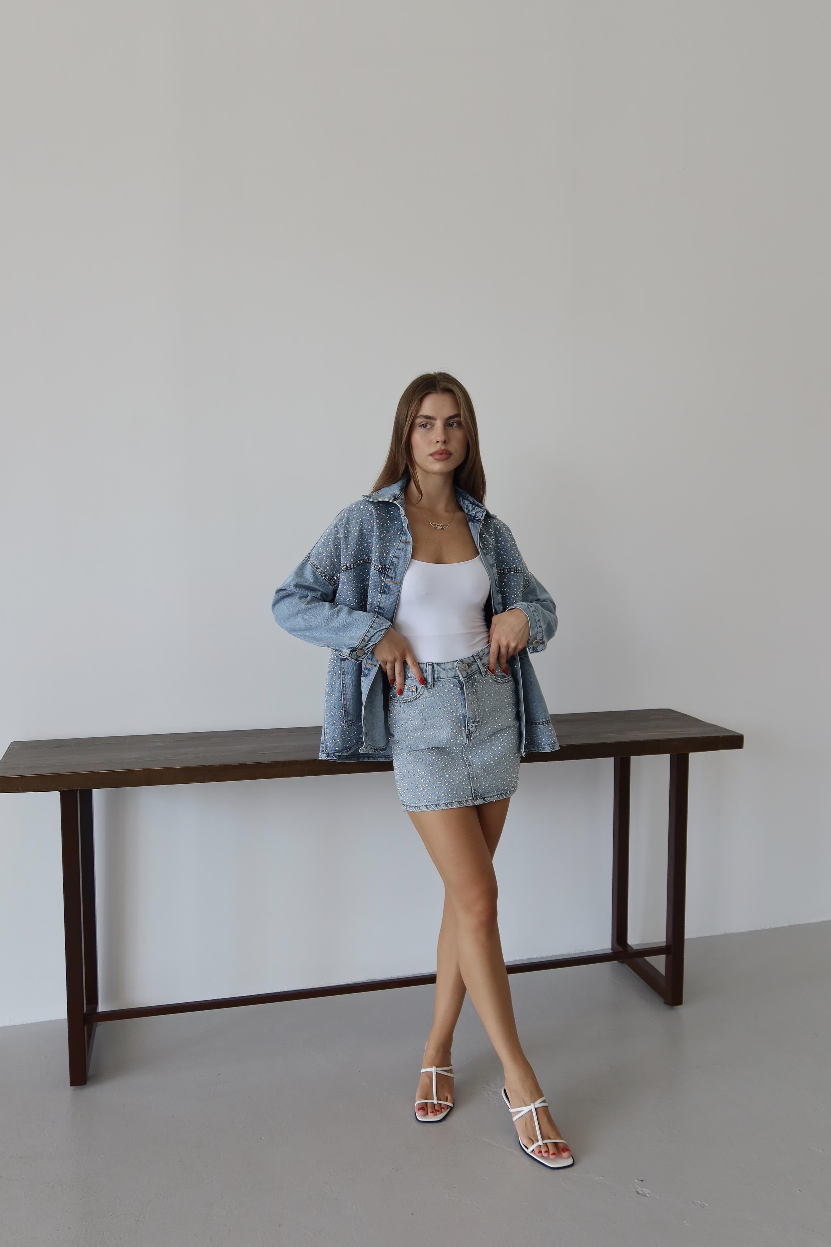 Taşlı Mini Kot Etek