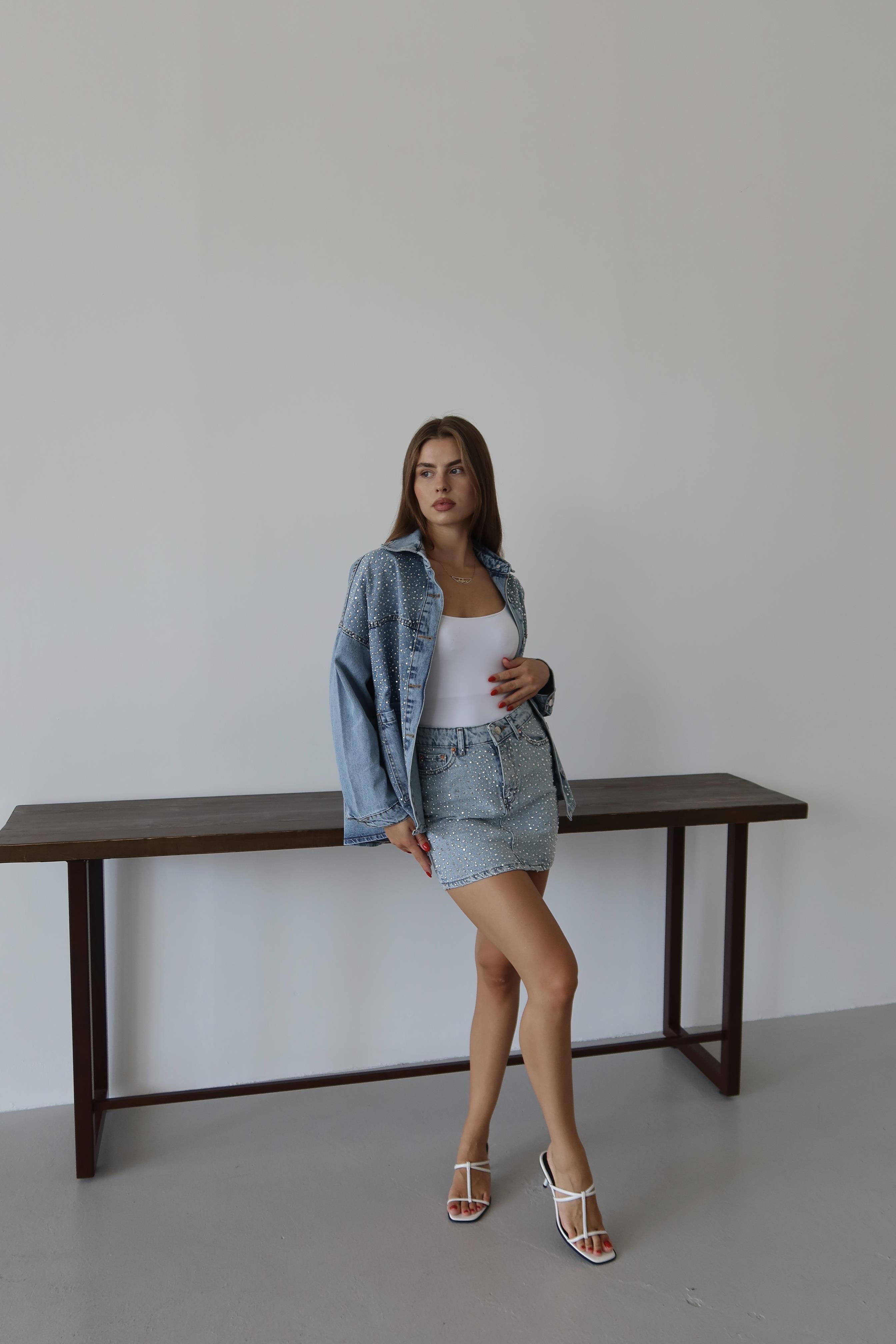 Taşlı Mini Kot Etek