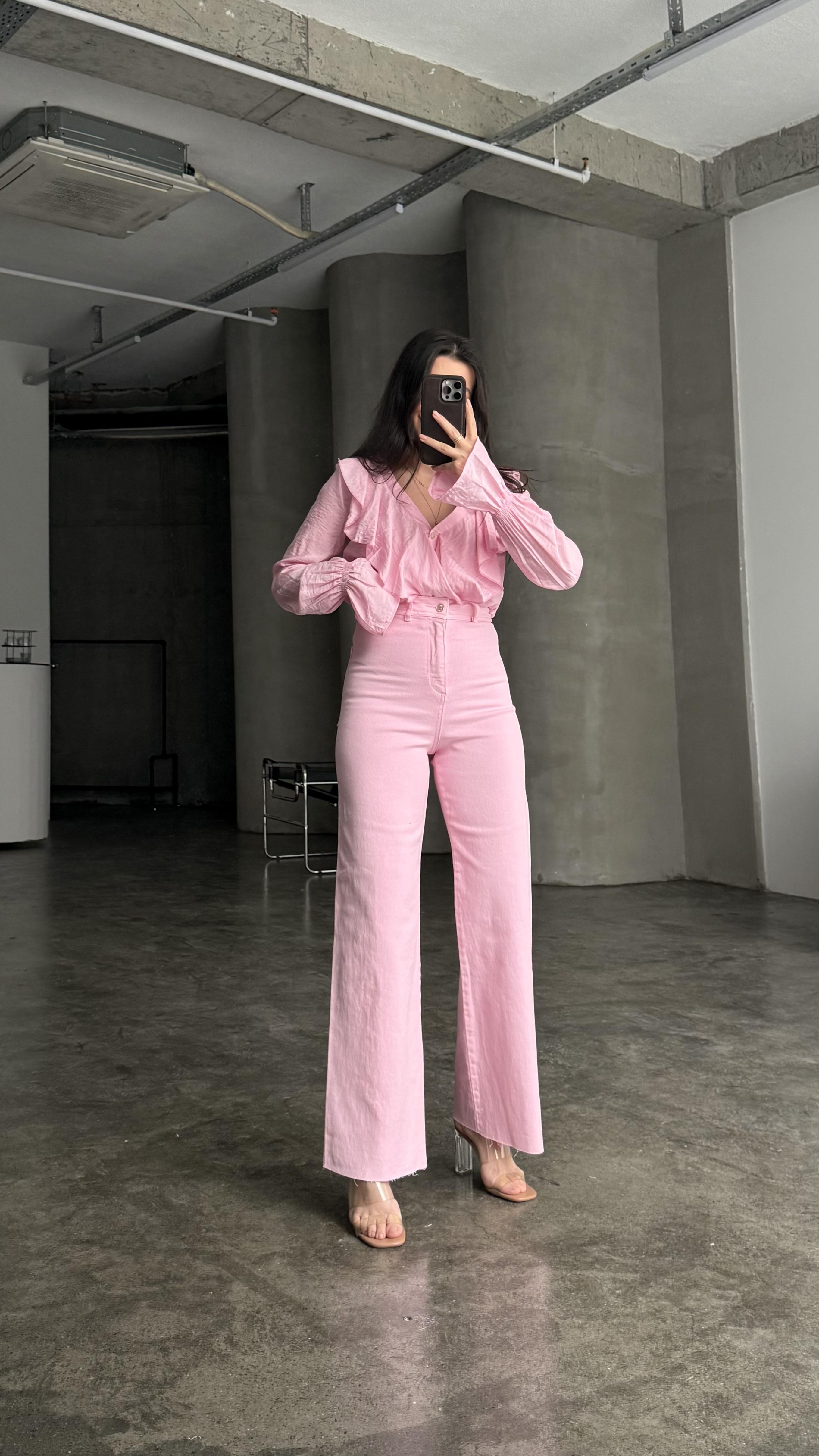 İpek Soft Pembe Yüksek Bel Wide Leg Jean