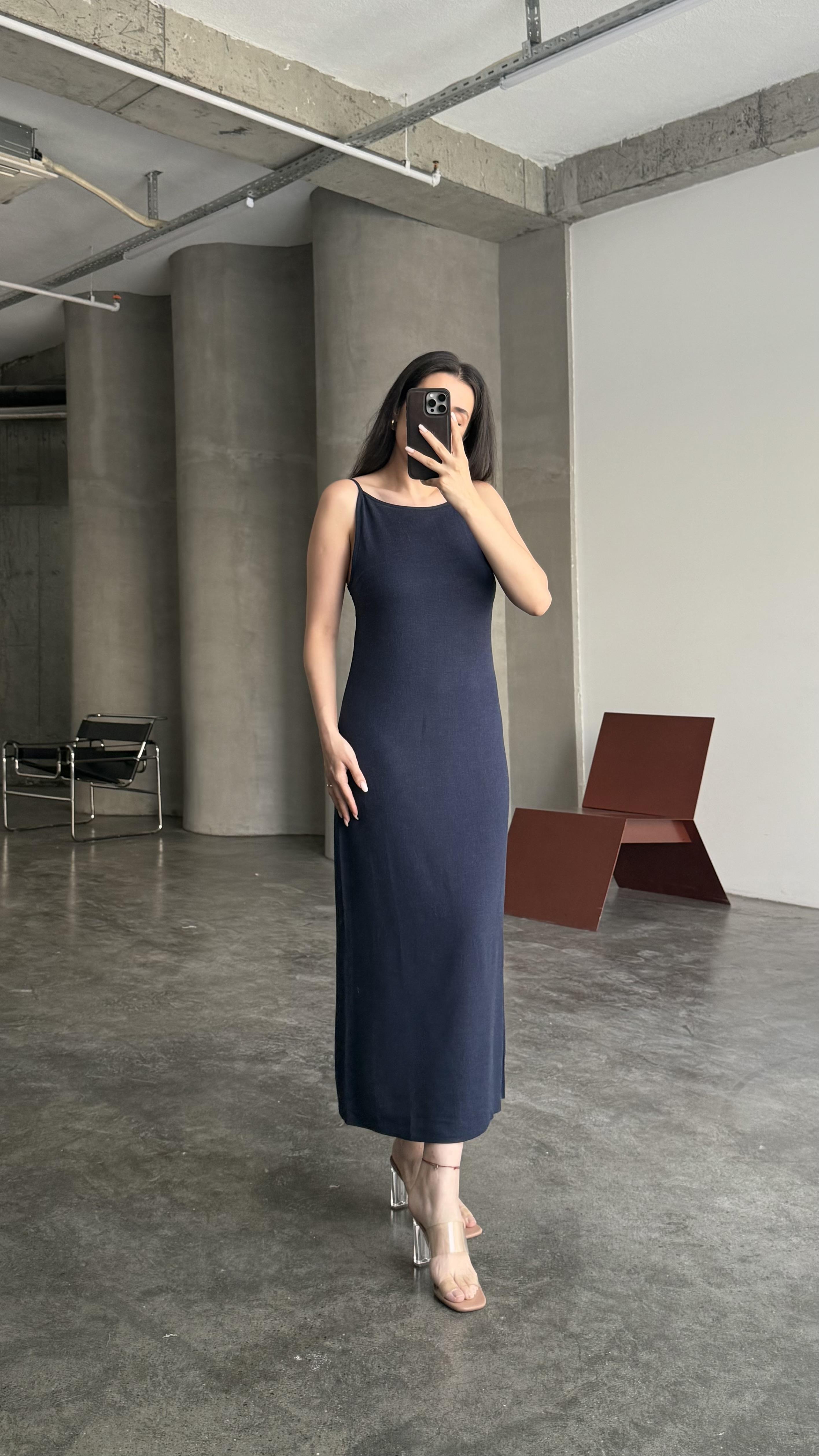 Mad Lacivert Ham Keten Midi Boy Elbise