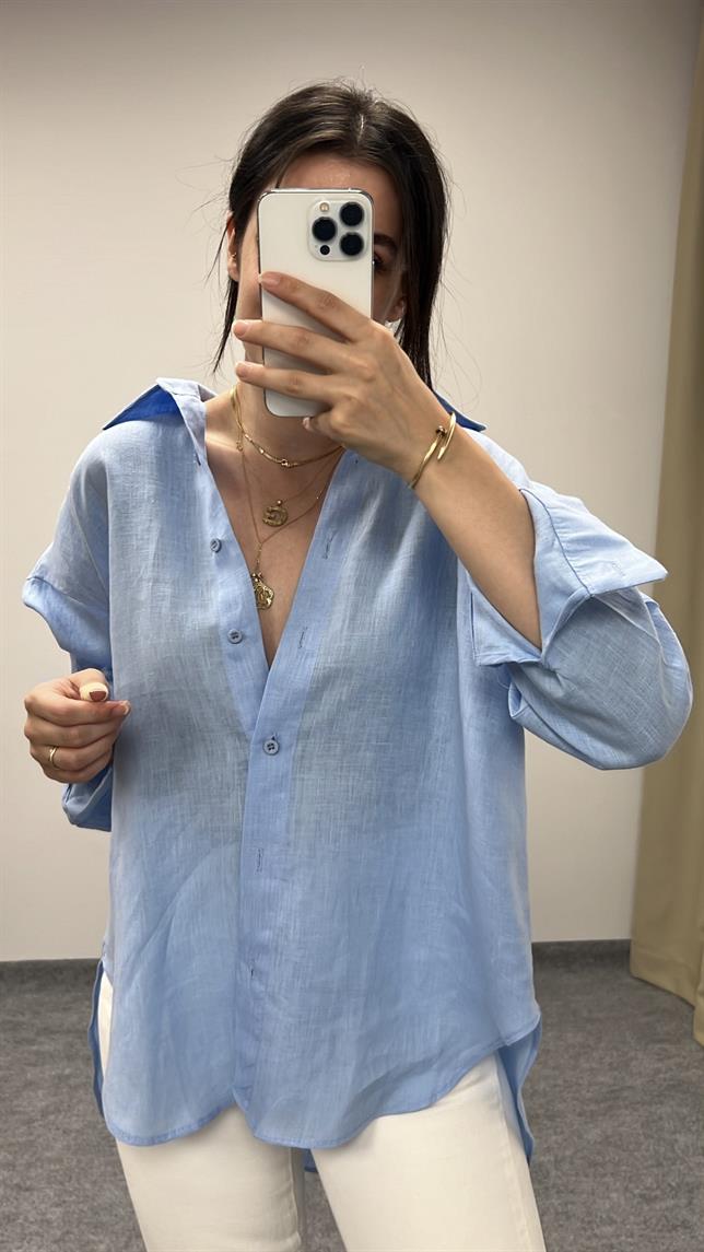 Mad Mavi Ham Keten Oversize Gömlek - Moog Butik