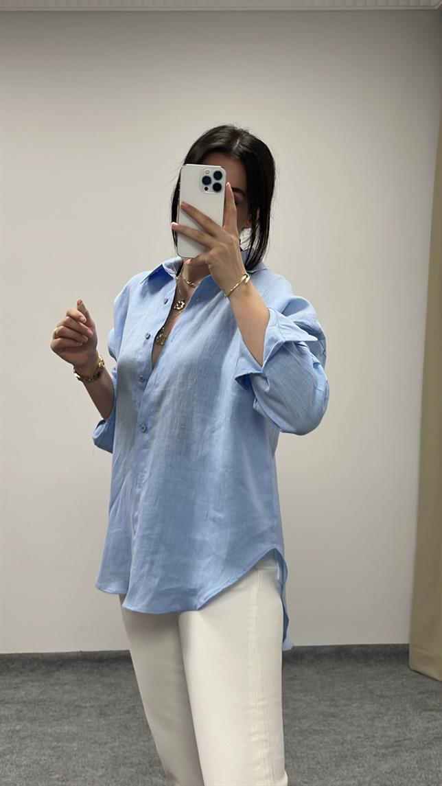 Mad Mavi Ham Keten Oversize Gömlek - Moog Butik