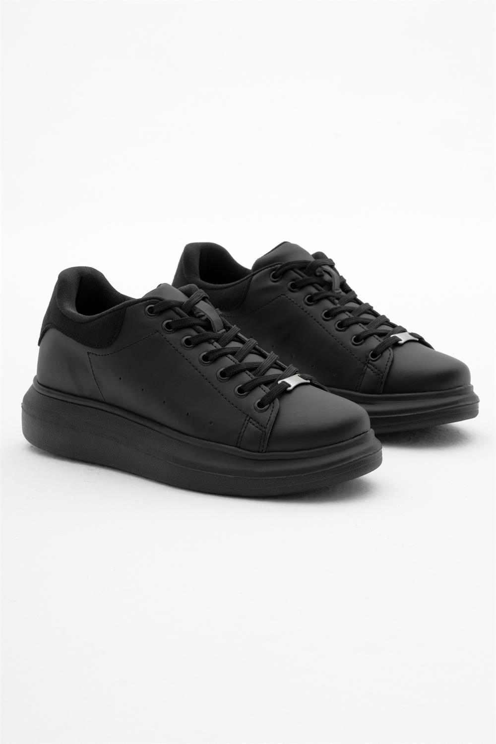 Rahat Kalıp Yüksek Taban Bağcıklıı Unisex Siyah Spor Ayakkab V2ALX-0 - Tonny Black