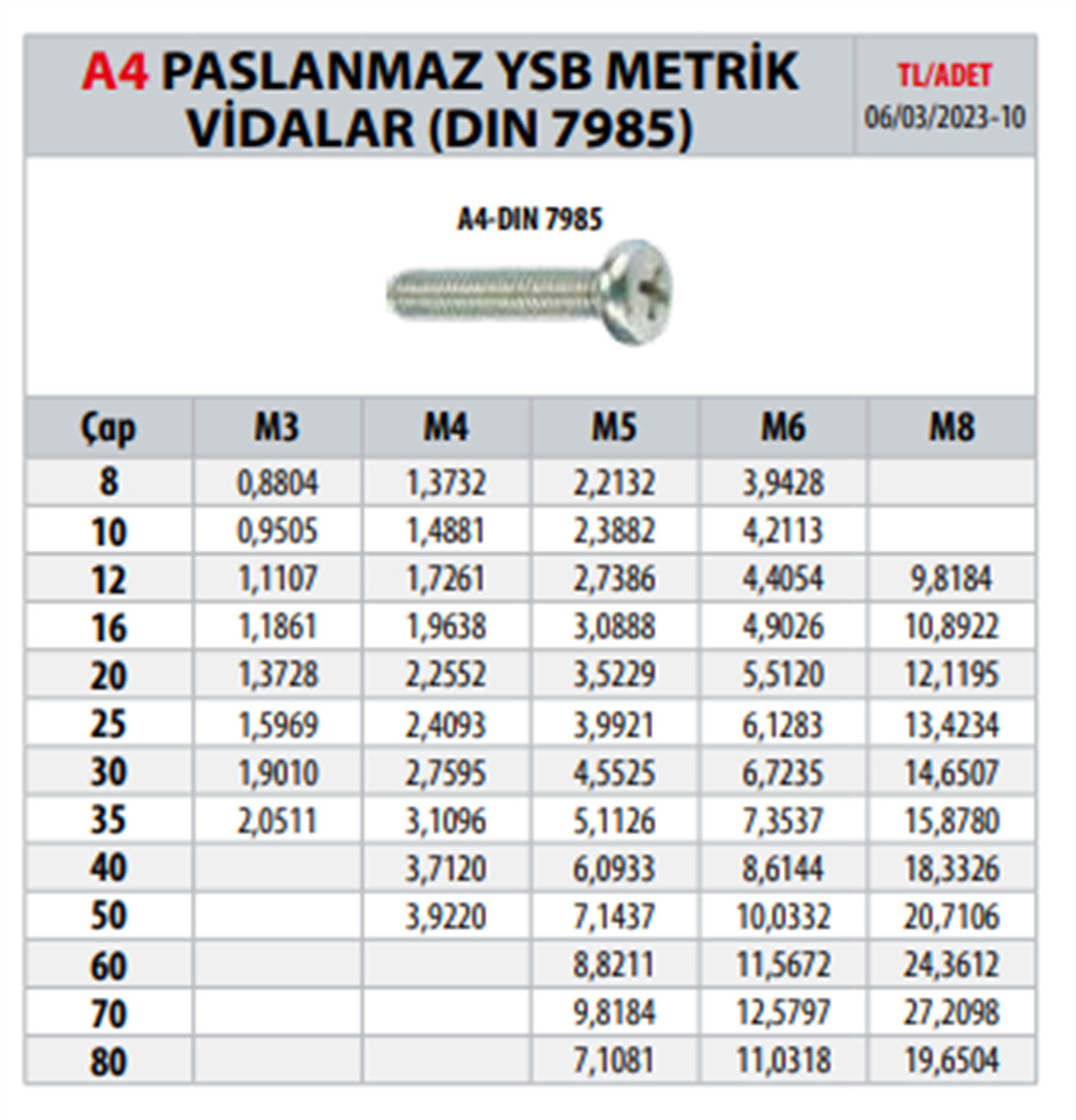 A4 Paslanmaz YSB Metrik Vidalar - DIN 7985