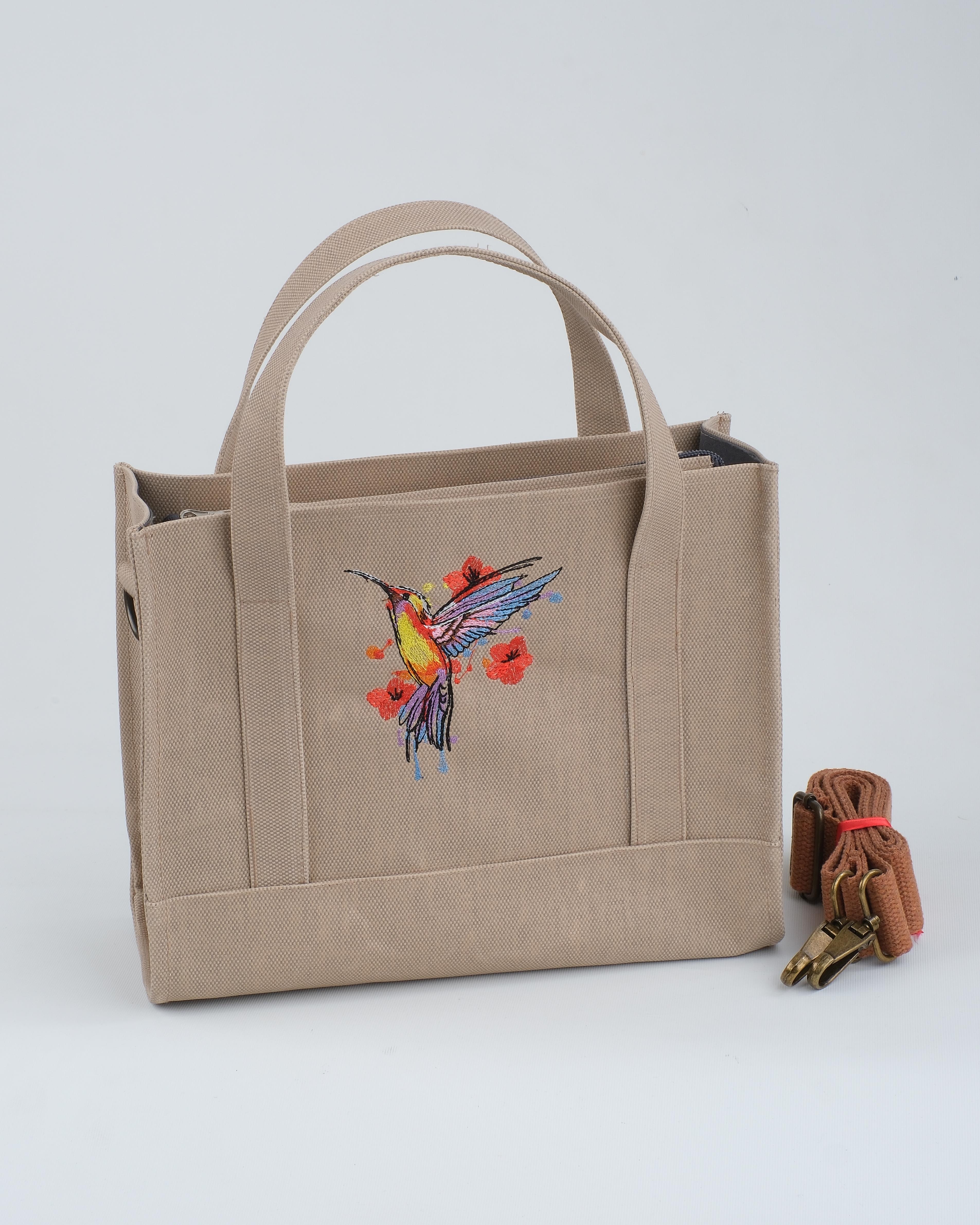 Arı kuşu (bej) Nakışlı Kanvas Çanta | Nakışlı Fermuarlı Çanta ...