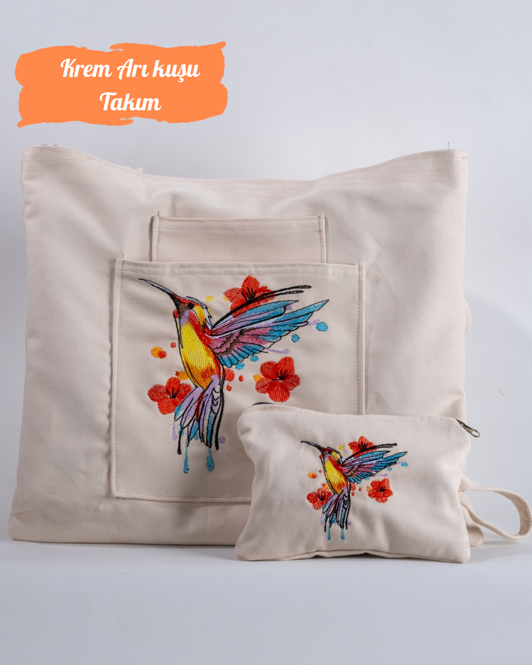 Arı Kuşu Nakışlı Çanta ve Cüzdan Takımı - plaj çantası, fermuarlı çanta ...