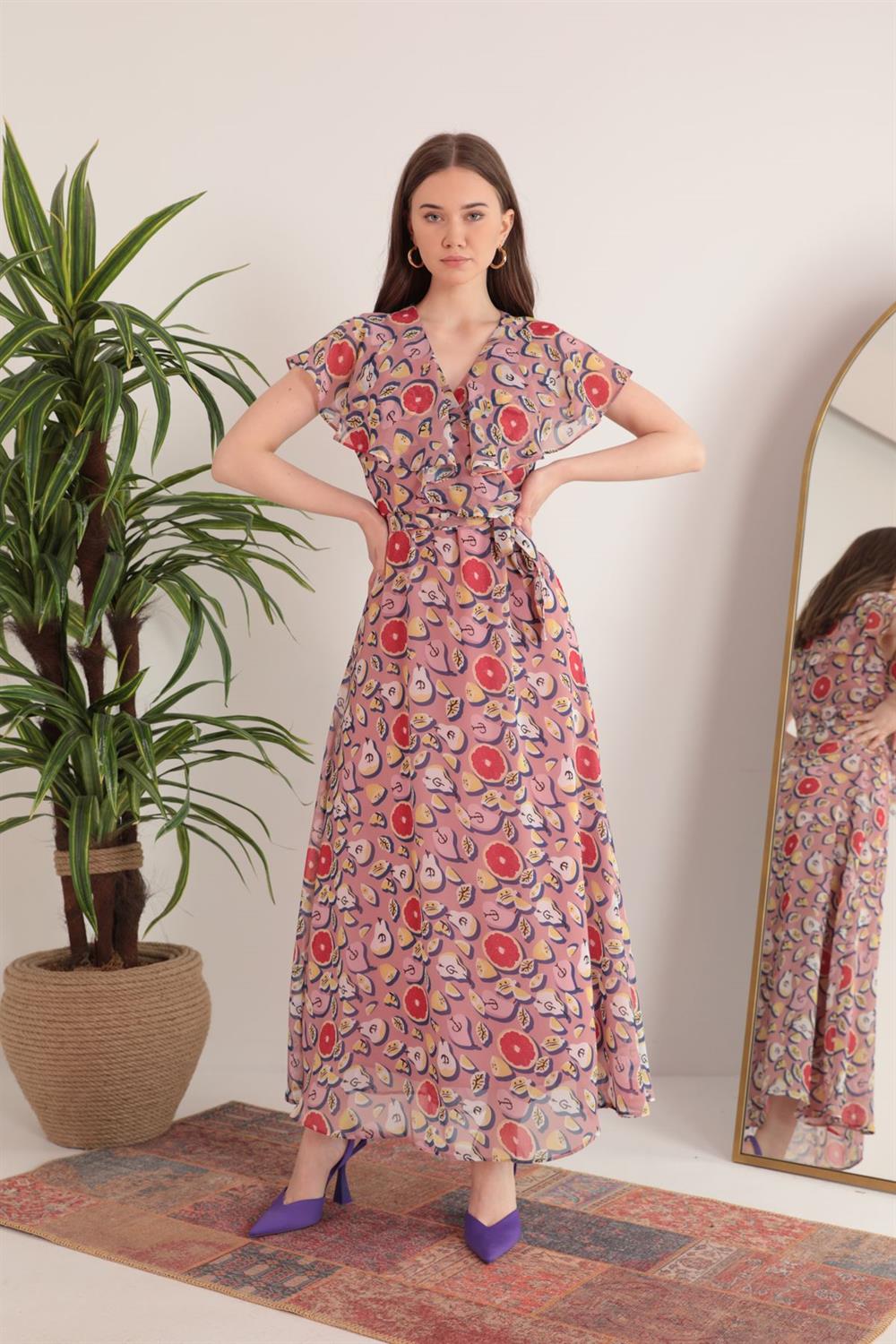 Chiffon Fabric Mixed Fruit Pattern Aller Women s Dress Light Pink Wholesale Dress Jumpsuit