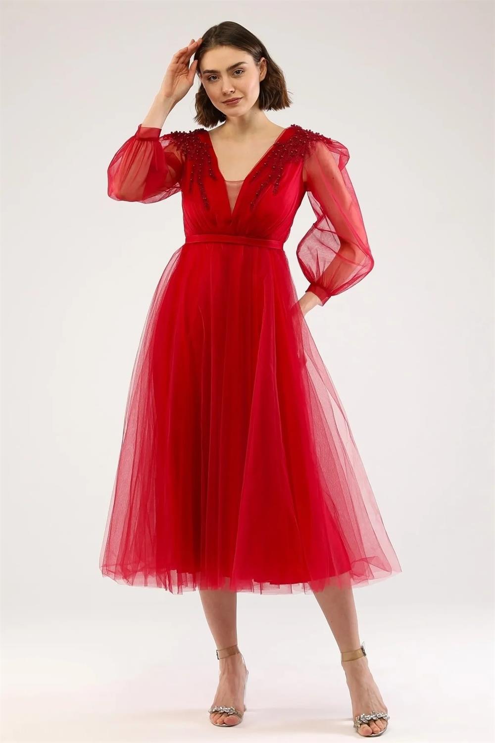 Asees İncili Aplike Detaylı Hayal Tül Abiye Elbise | Asees Abiye