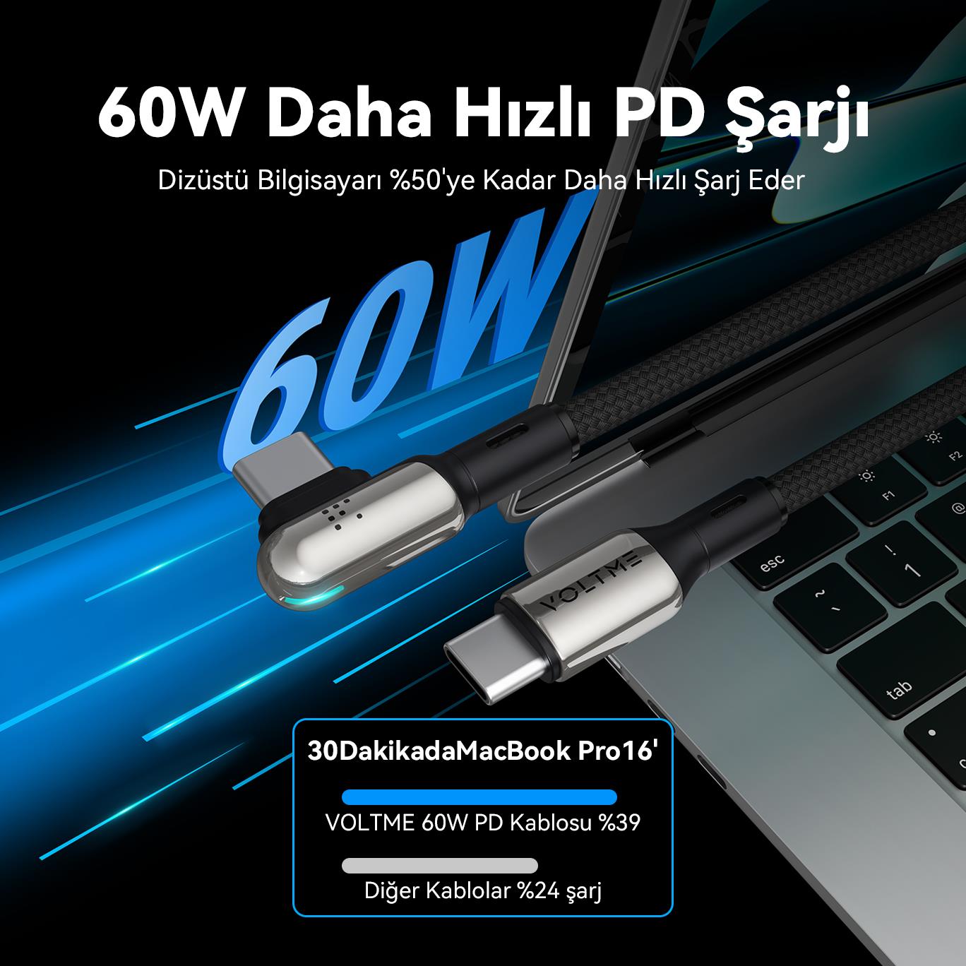 VOLTME C2069 Stark 60W Type-C Şarj Kablosu 1.2M 3A-Siyah